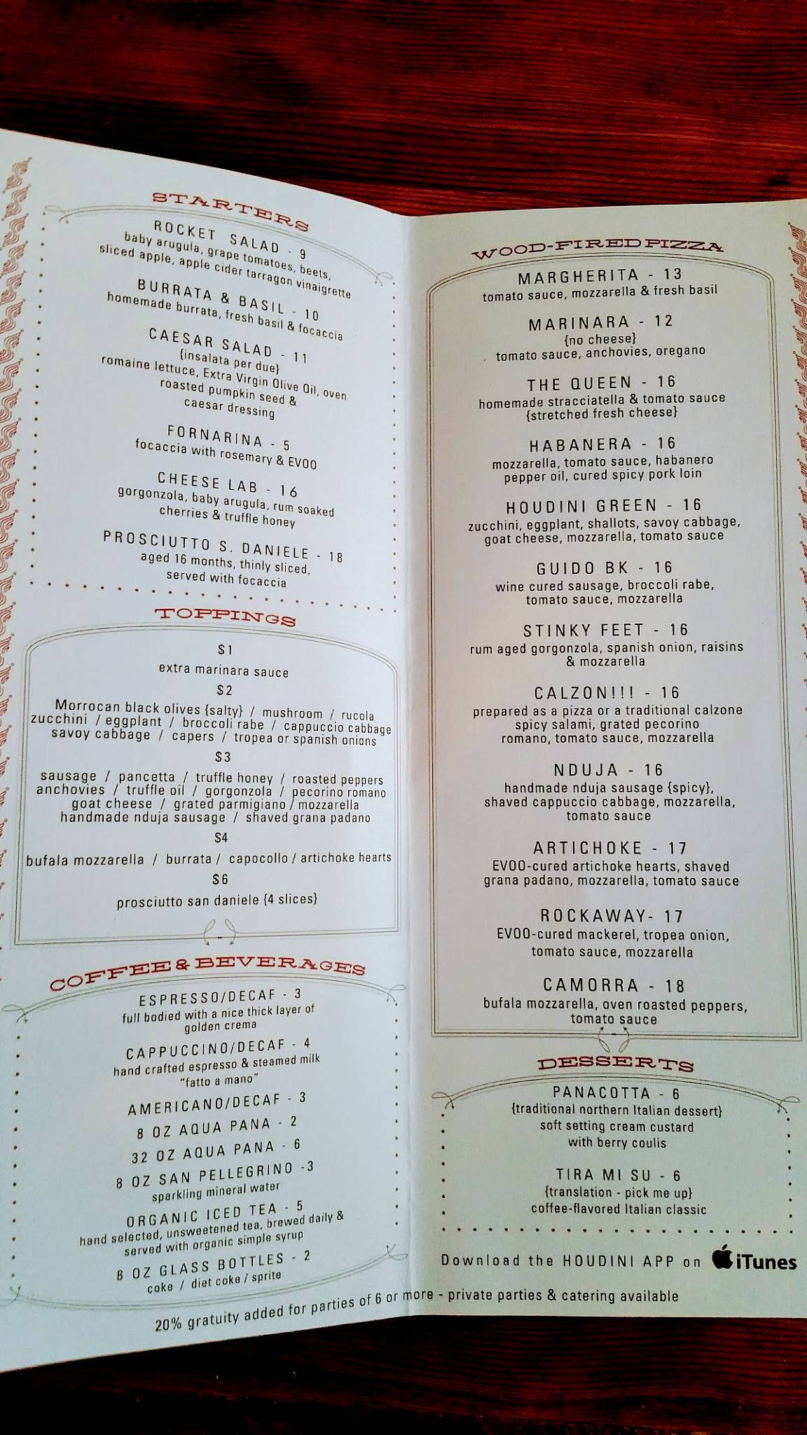 Menu at Houdini Pizza Laboratory pizzeria, Fanwood