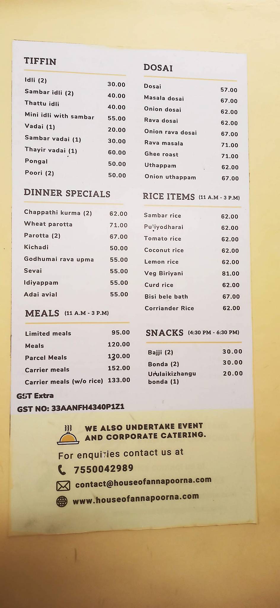 Menu at House of Annapoorna, Chennai