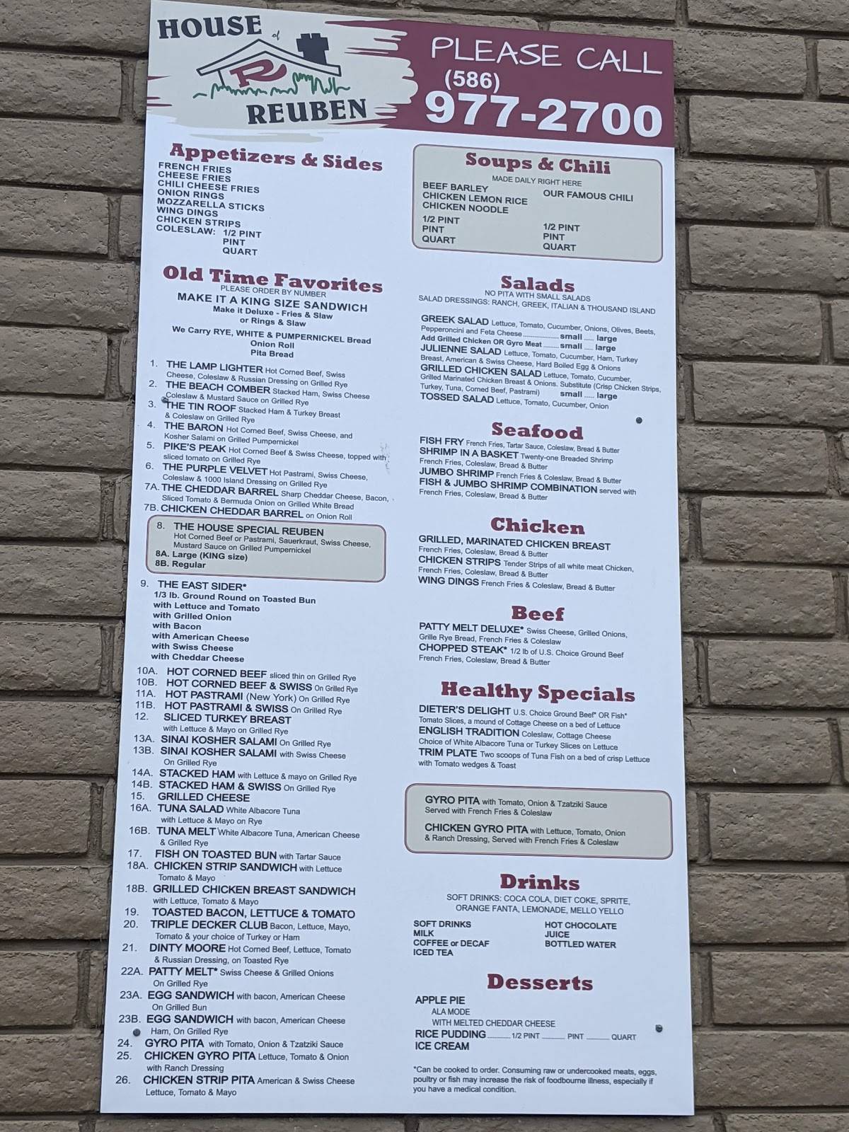 Menu at House of Reuben (Original Owners) restaurant, Sterling Heights