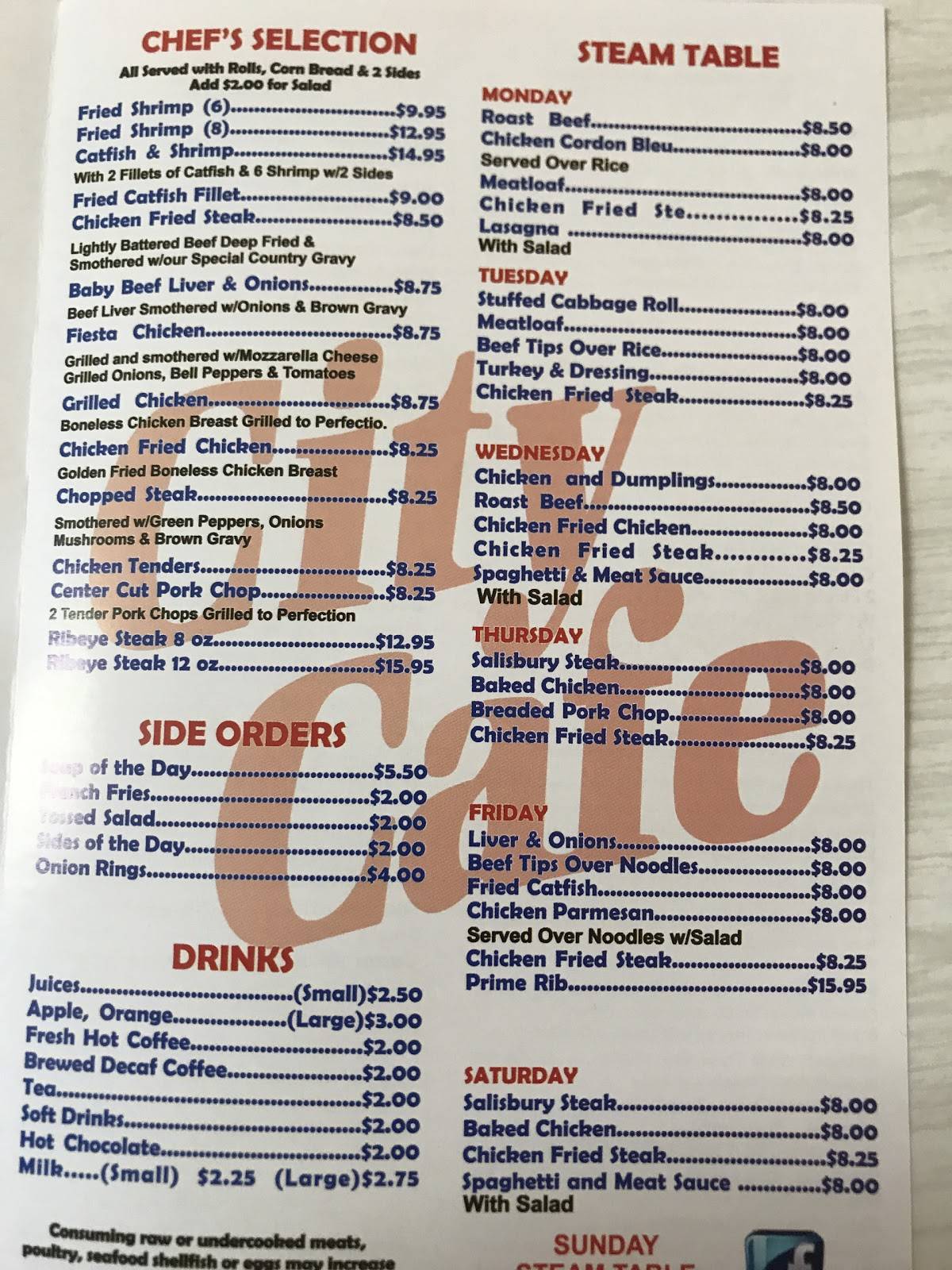 Menu at City Cafe, South Houston, 513 College Ave