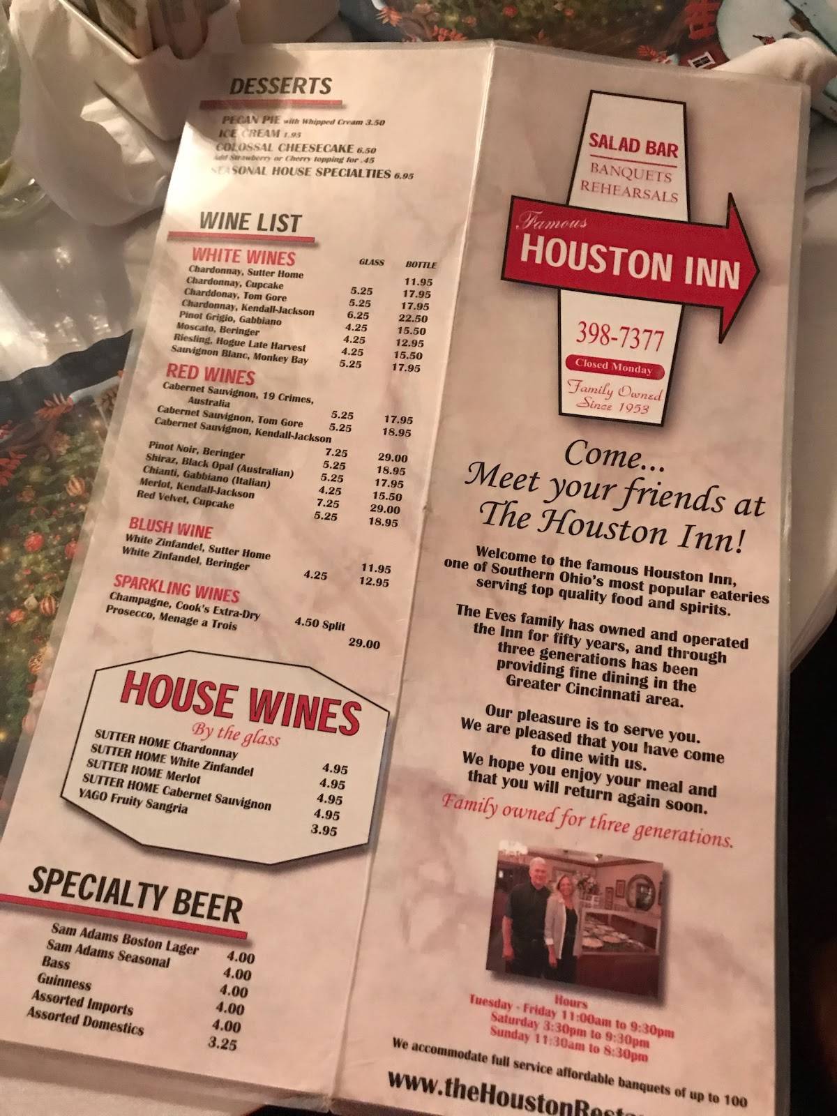 Menu at Houston Inn restaurant, Lebanon