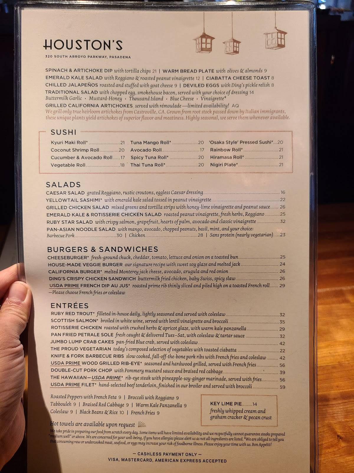 Menu at Houston's restaurant, Pasadena, 320 S Arroyo Pkwy