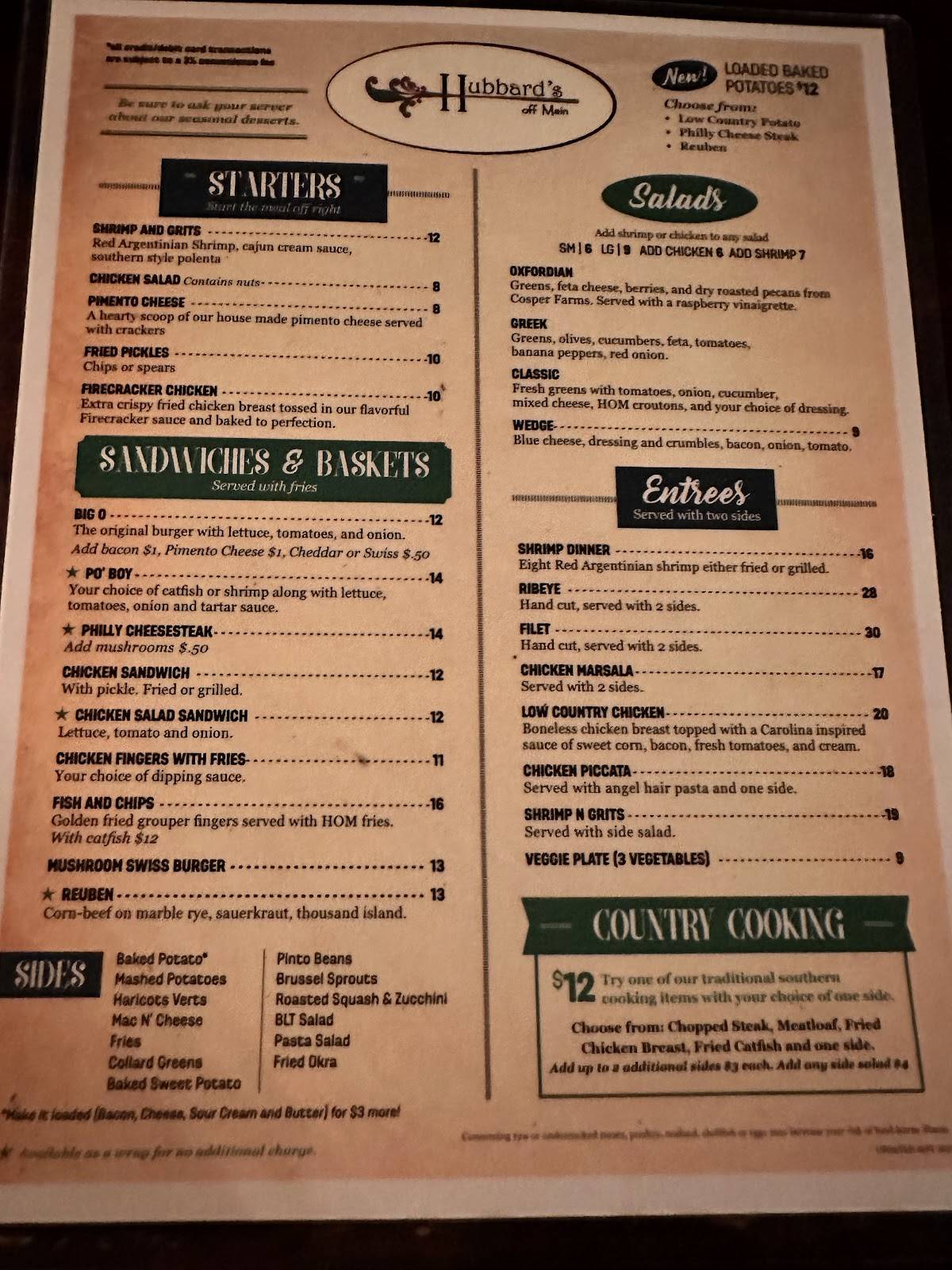 Menu at Hubbard's Off Main, Oxford