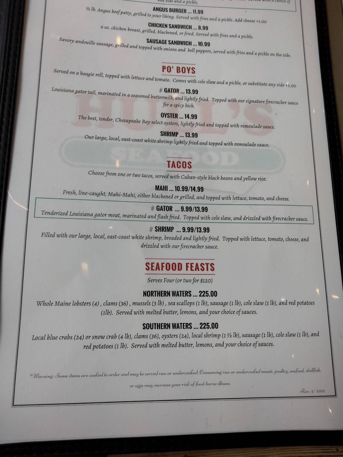 Menu at Hull's Seafood Restaurant, Ormond Beach, 111 W Granada Blvd