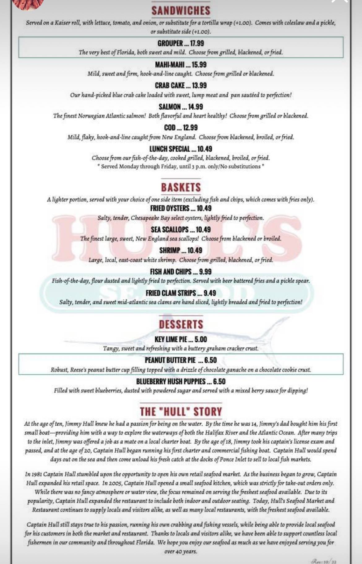 Menu at Hull's Seafood Restaurant, Ormond Beach, 111 W Granada Blvd