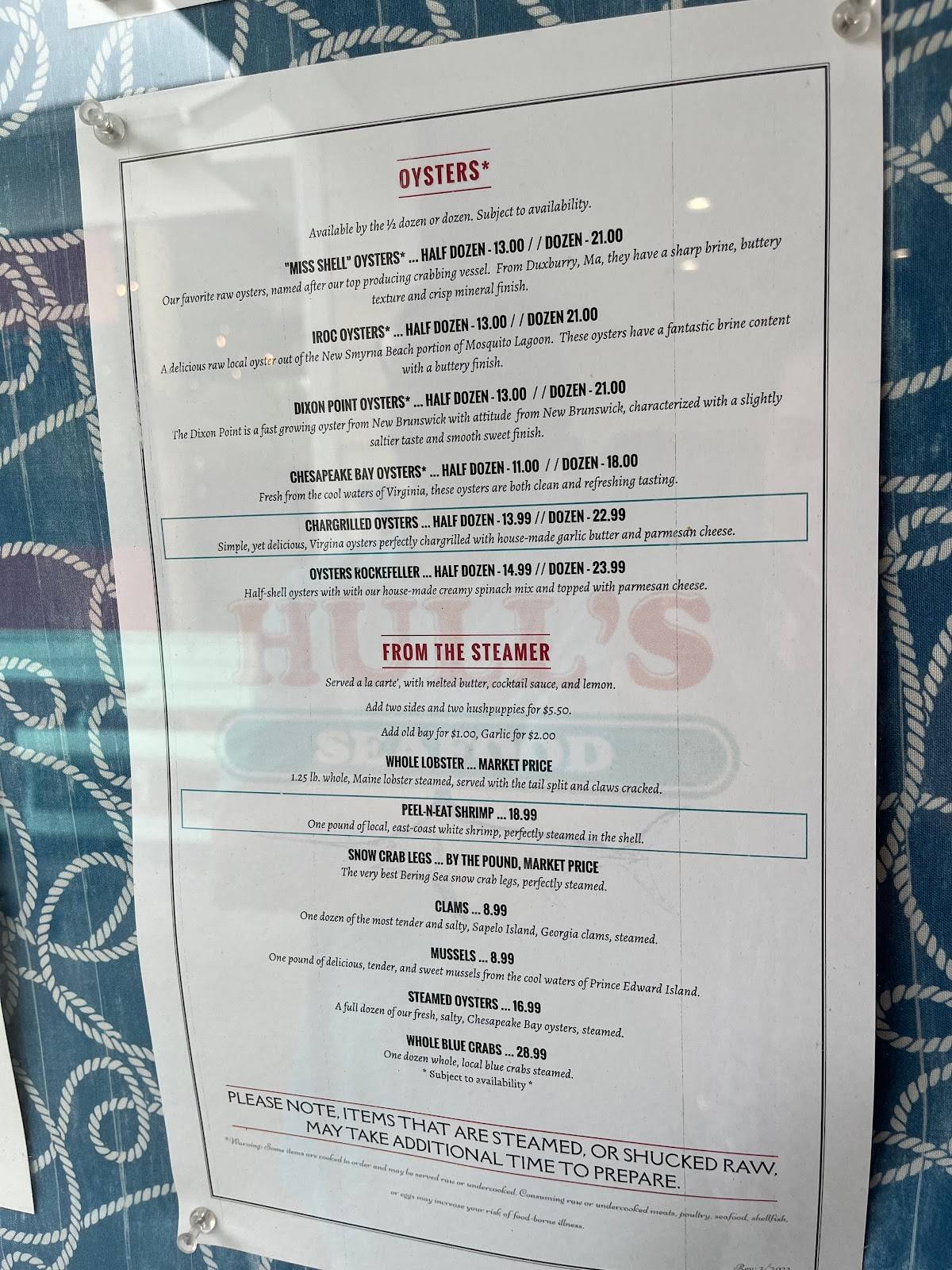 Menu at Hull's Seafood Restaurant, Ormond Beach, 111 W Granada Blvd