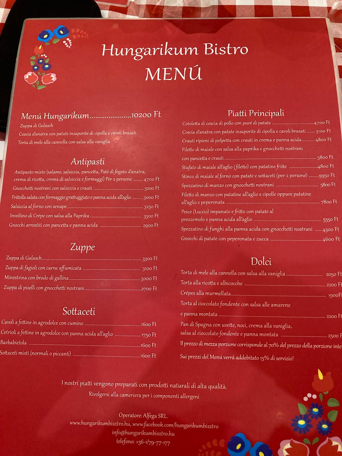 Carta del restaurante Hungarikum Bisztró, Budapest, Steindl Imre u. 13