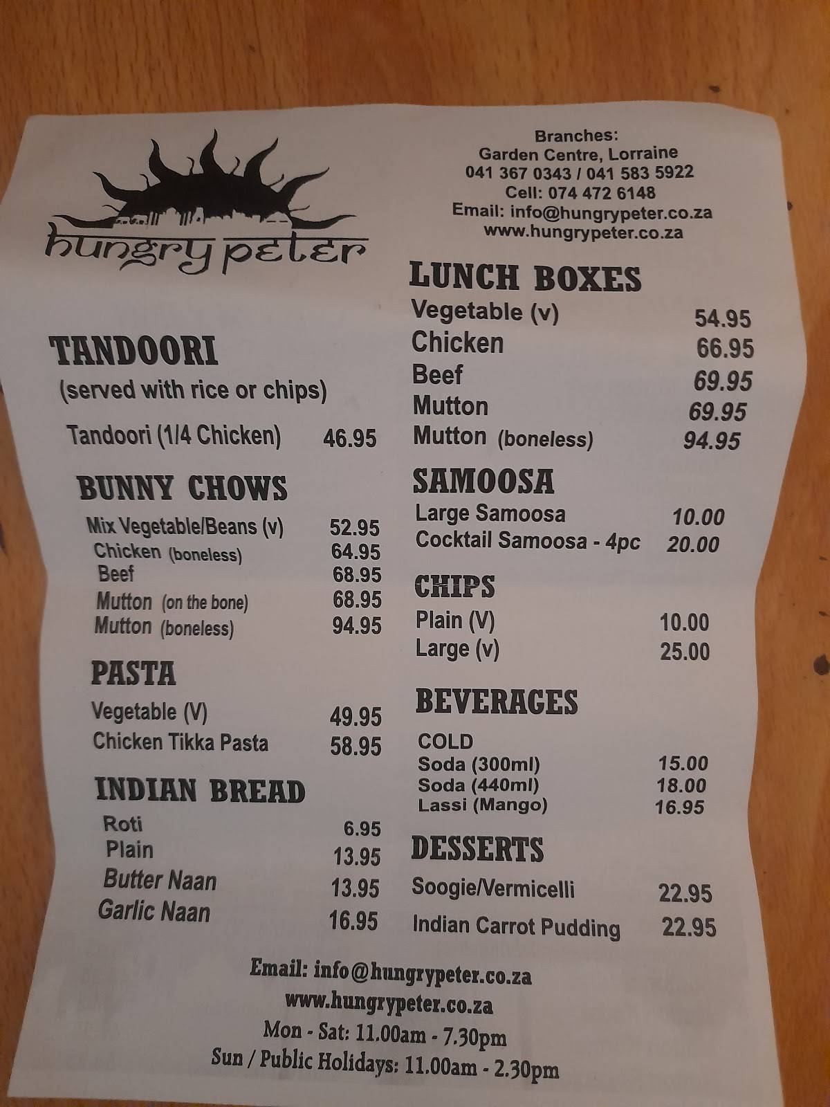 Menu at Hungry Peter Curry Takeaway Lorraine, South Africa