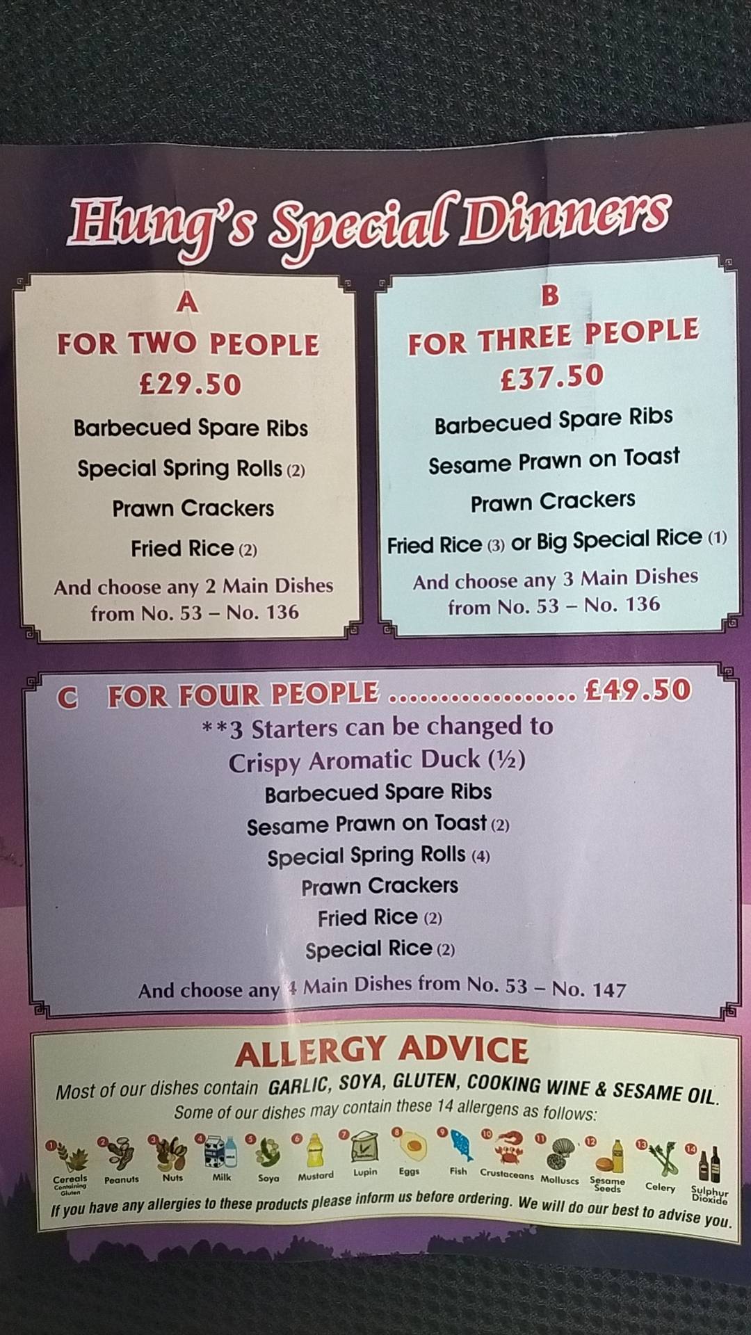 Menu at Hung's Chinese Takeaway restaurant, Holme-on-Spalding-Moor