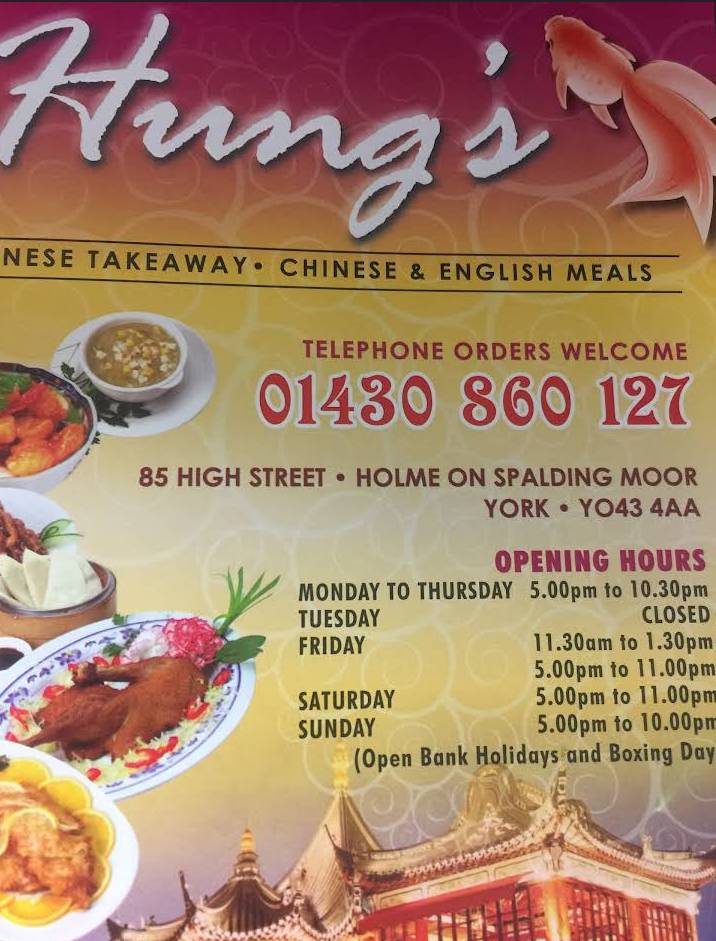 Menu at Hung's Chinese Takeaway restaurant, Holme-on-Spalding-Moor