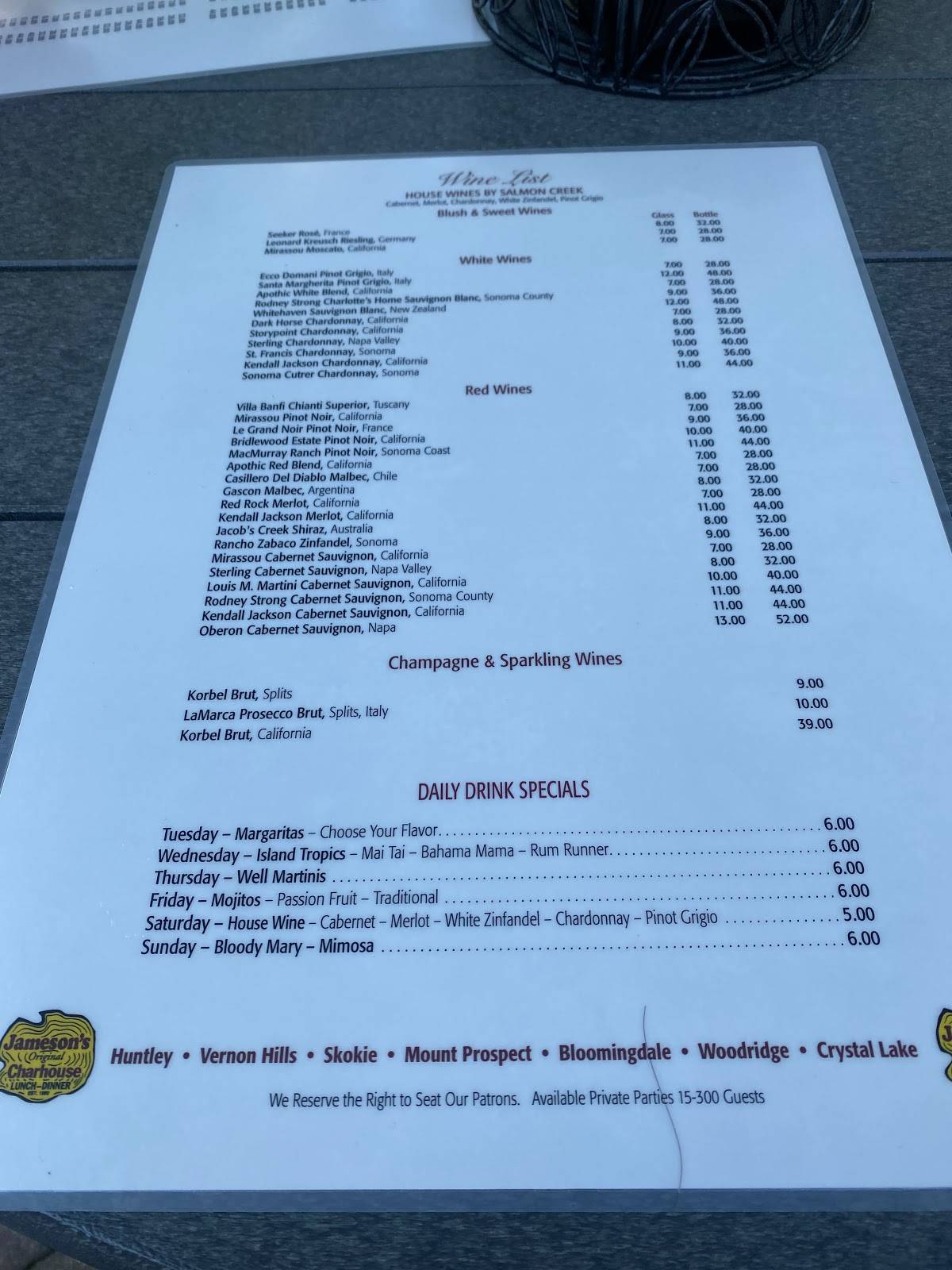 Menu at Jameson’s Charhouse steakhouse, Huntley