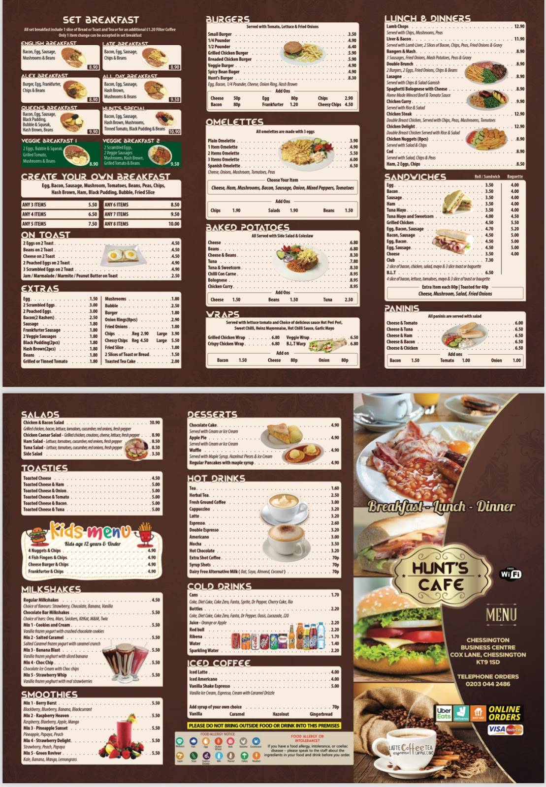 Menu at Hunt's Cafe, Chessington, chessington Business Centre