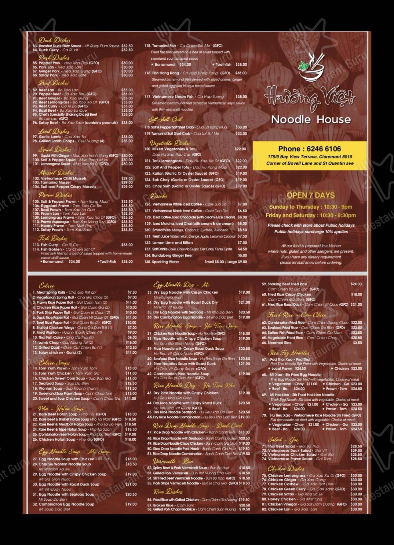 Menu at Huong Viet Noodle House restaurant, Claremont