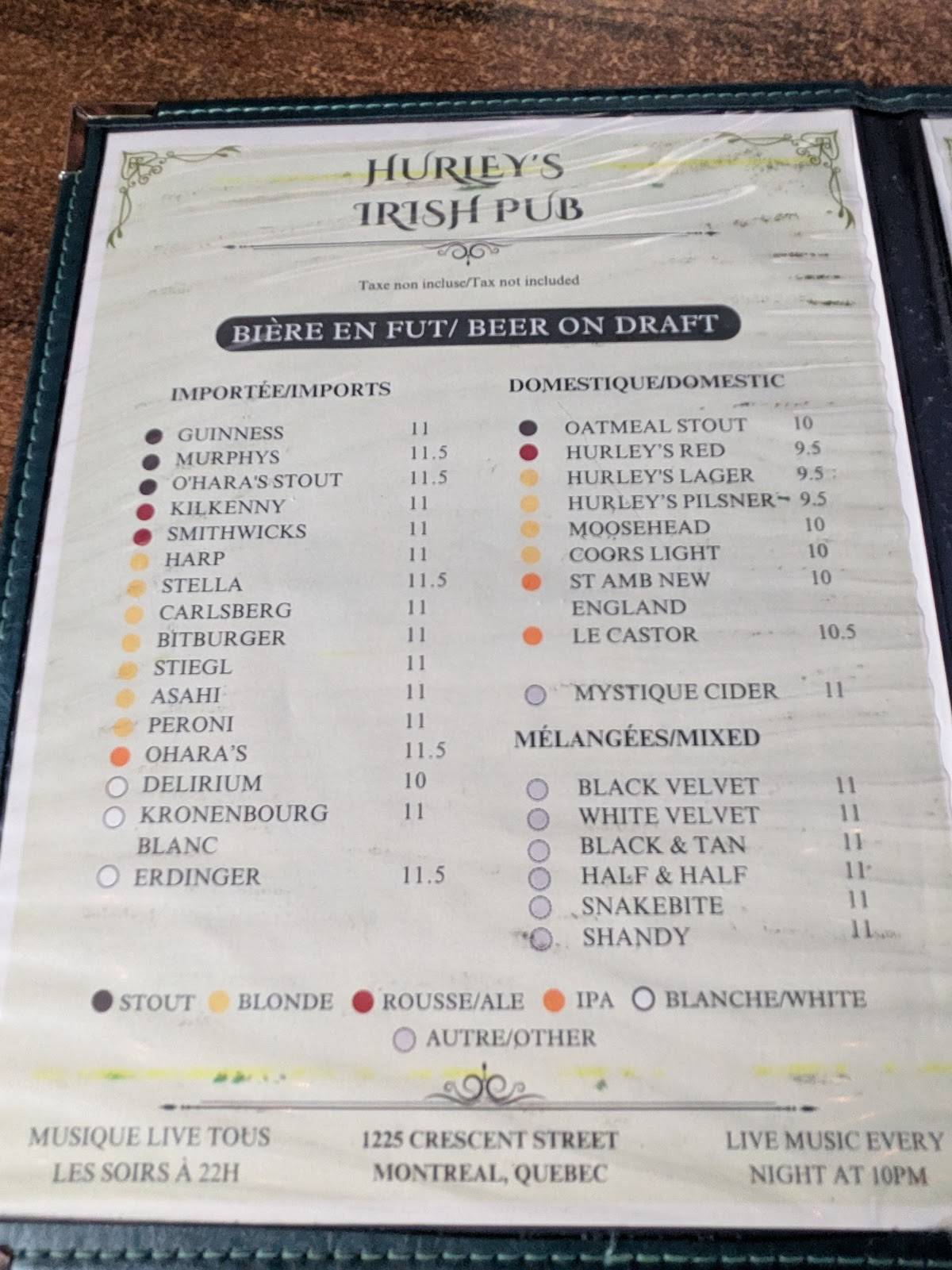 Menu at Hurley's Irish Pub, Montréal