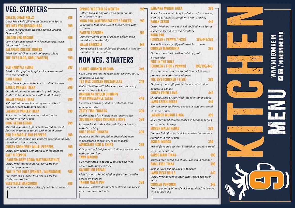 Menu at Nine O Nine, Hyderabad