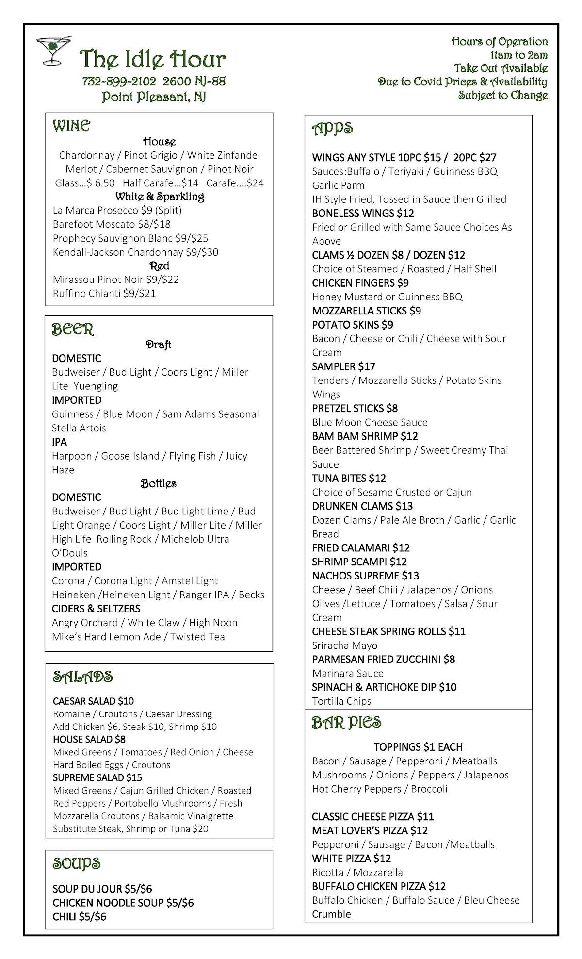 Menu at Idle Hour Restaurant & Bar, Point Pleasant