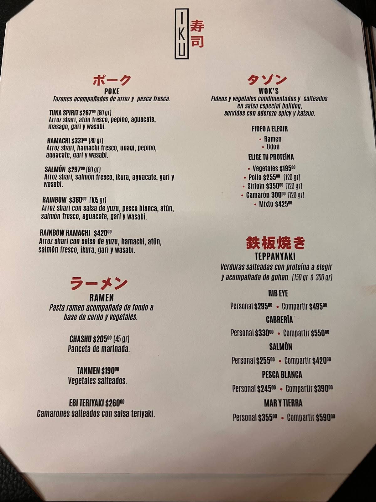 Carta del restaurante Iku sushi, Culiacán Rosales