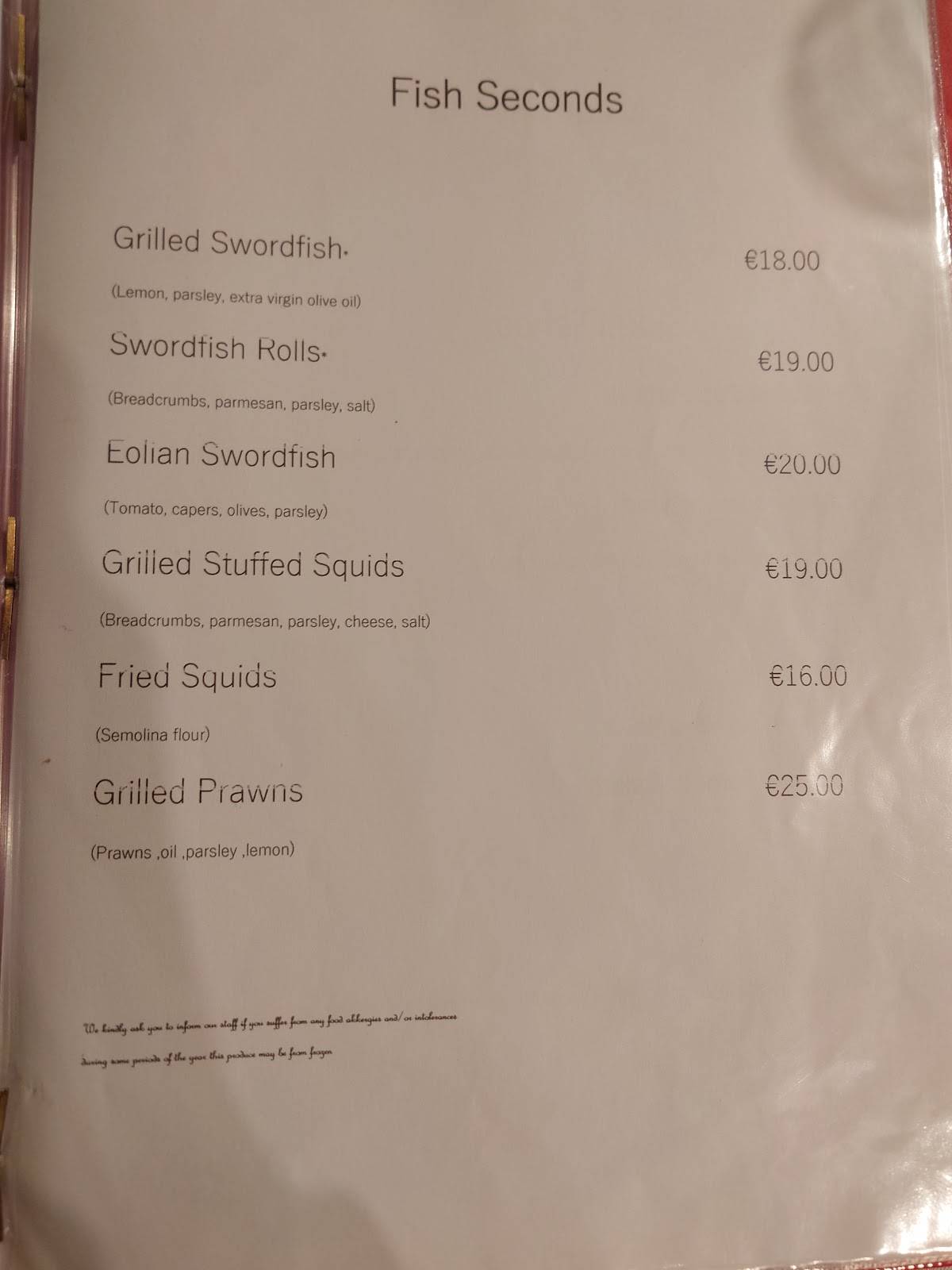 Menu da Il Corallo ristorante, Lipari