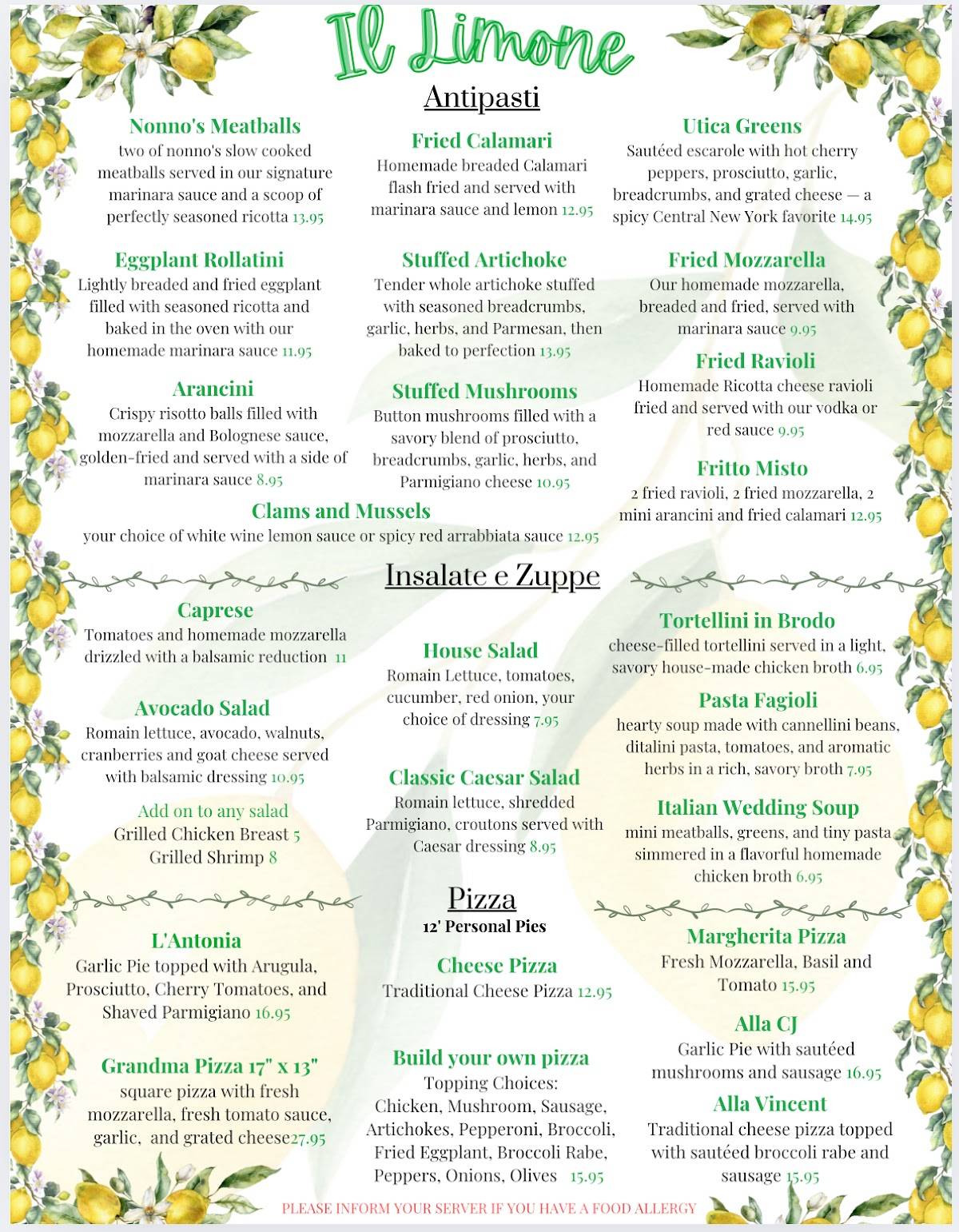 Menu at Il Limone Restaurant Pizzeria, Liverpool