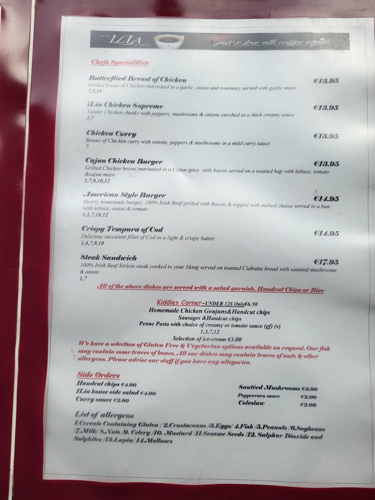 Menu at Ilia Cafe, Mullingar