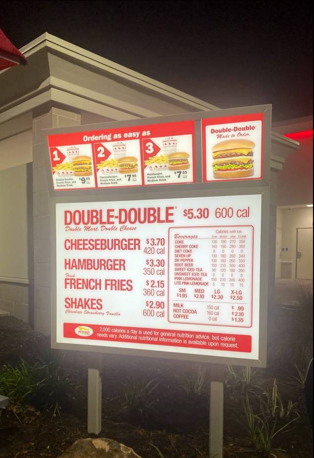 Menu at In-N-Out Burger fast food, Cypress