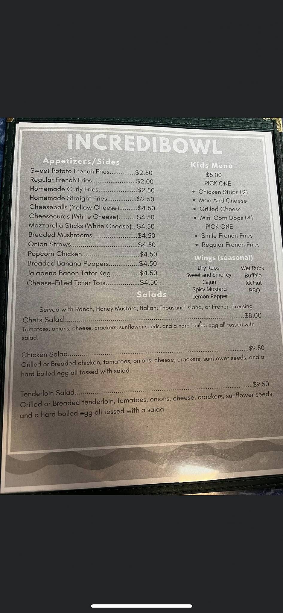 Menu at IncrediBowl pub & bar, Guthrie Center