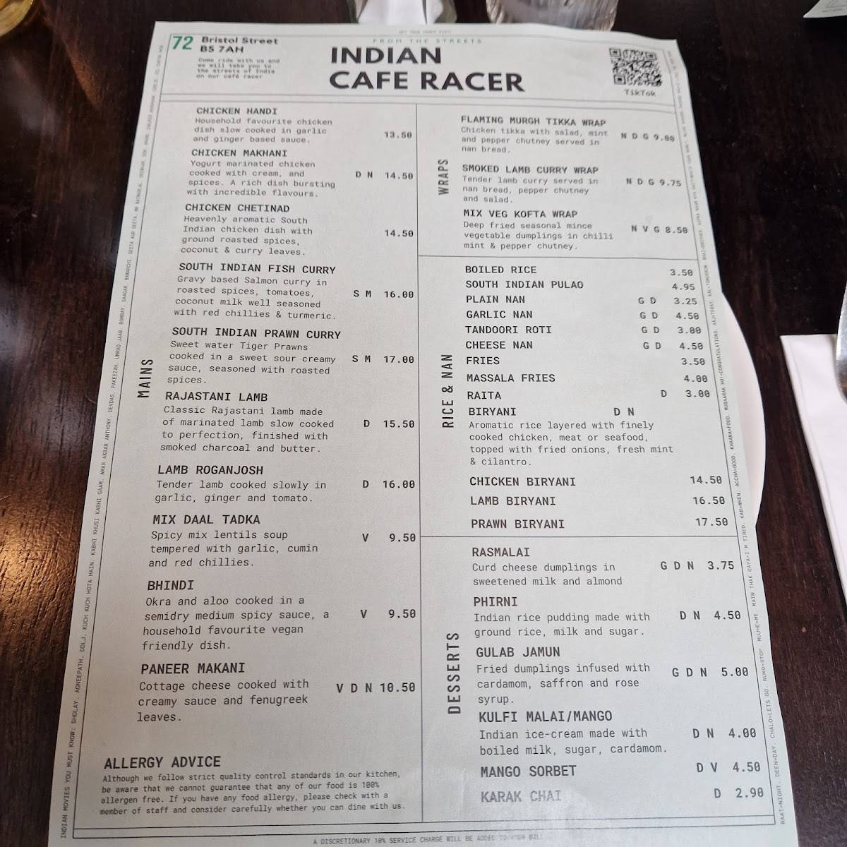 Carta de Indian Cafe Racer, Birmingham