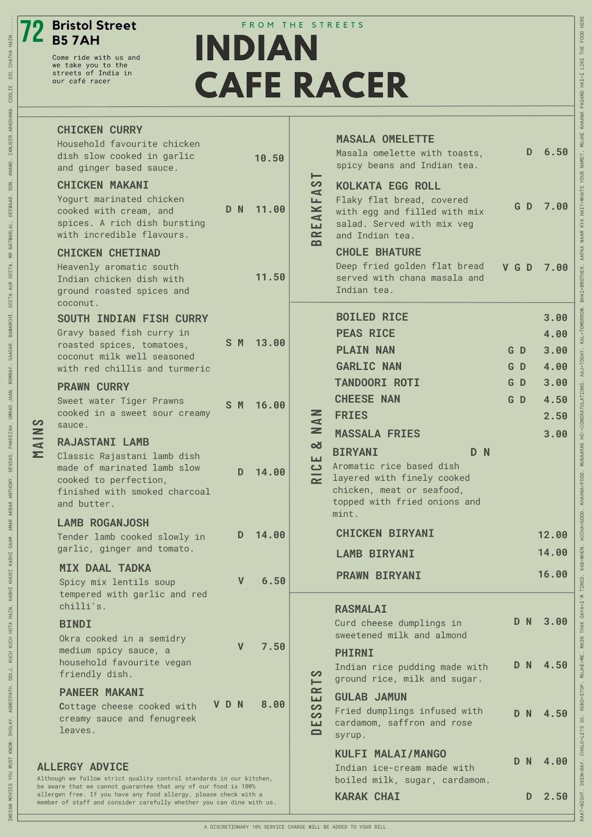 Carta de Indian Cafe Racer, Birmingham