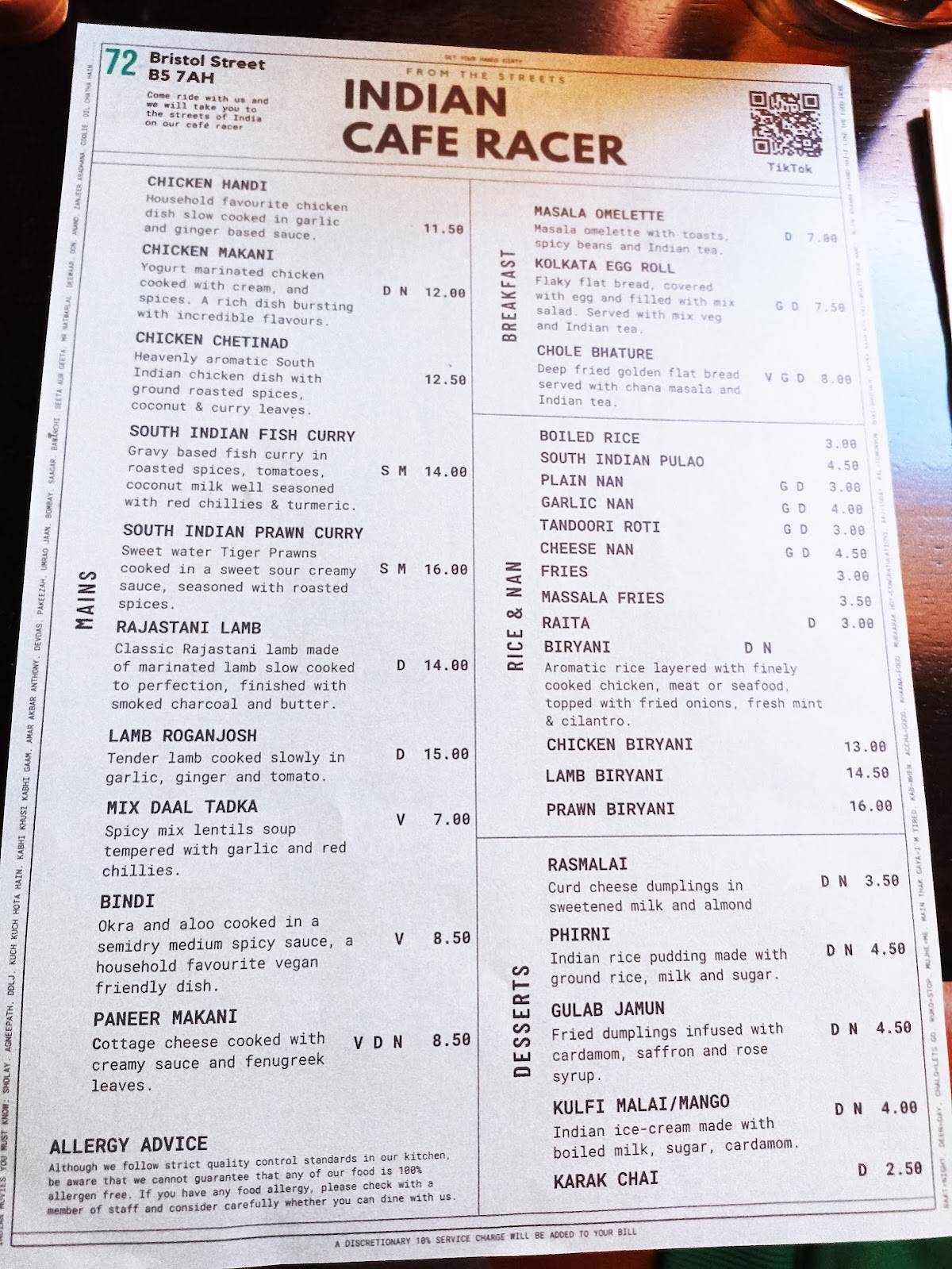 Carta de Indian Cafe Racer, Birmingham