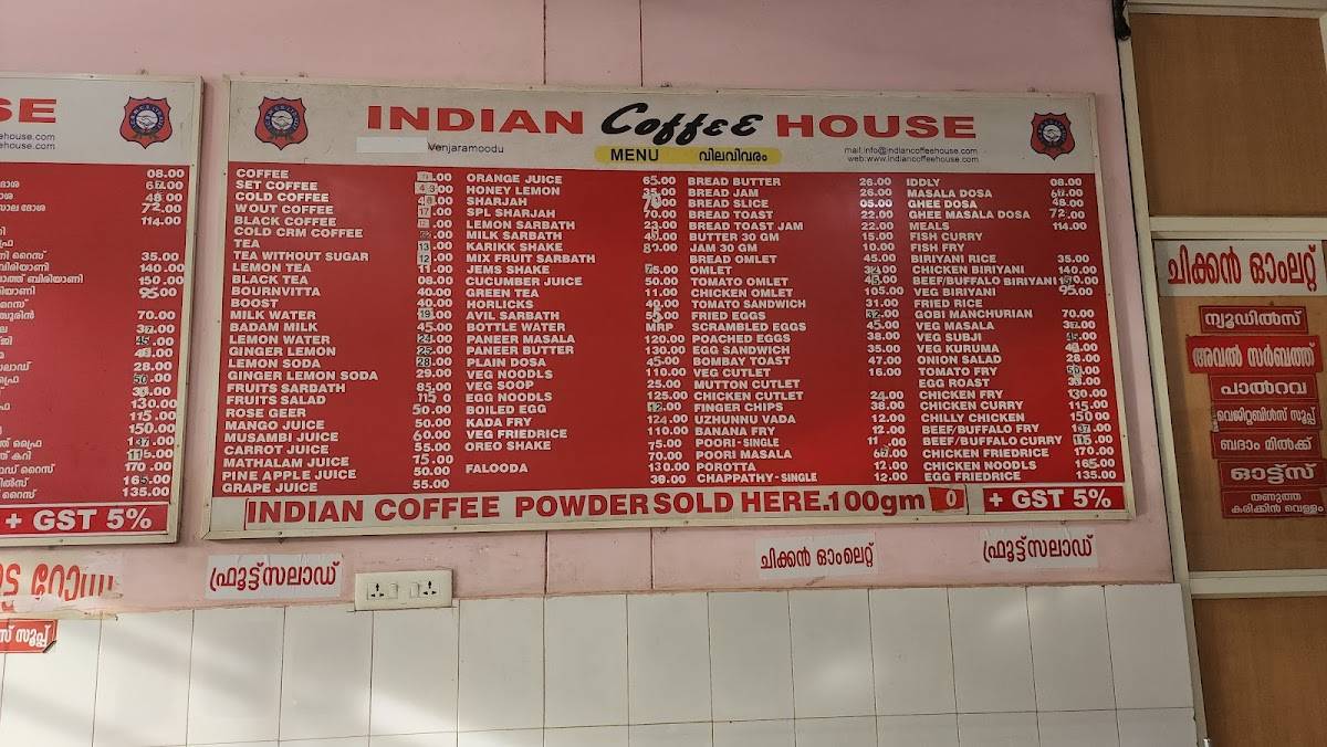 Menu at Indian Coffee House, Kottarakkara, State Highway 1