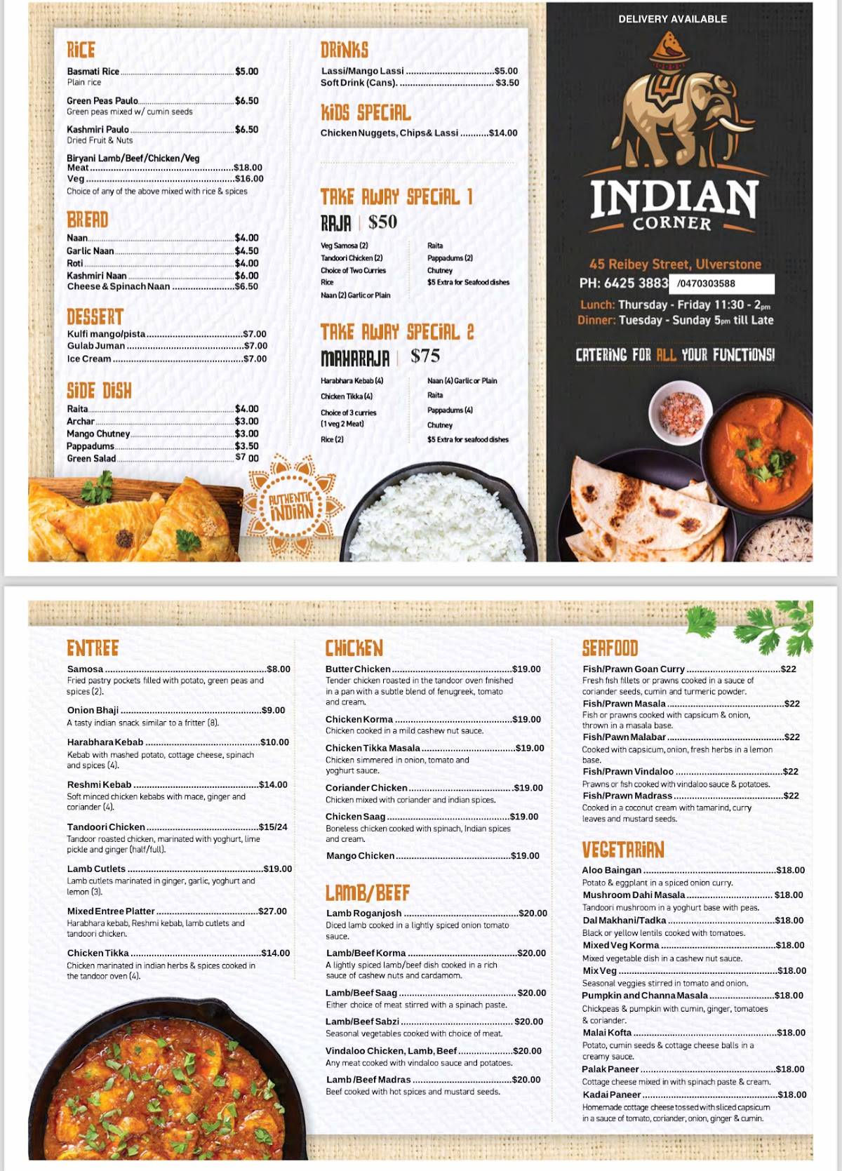 Menu at Indian Corner Ulverstone restaurant, Ulverstone