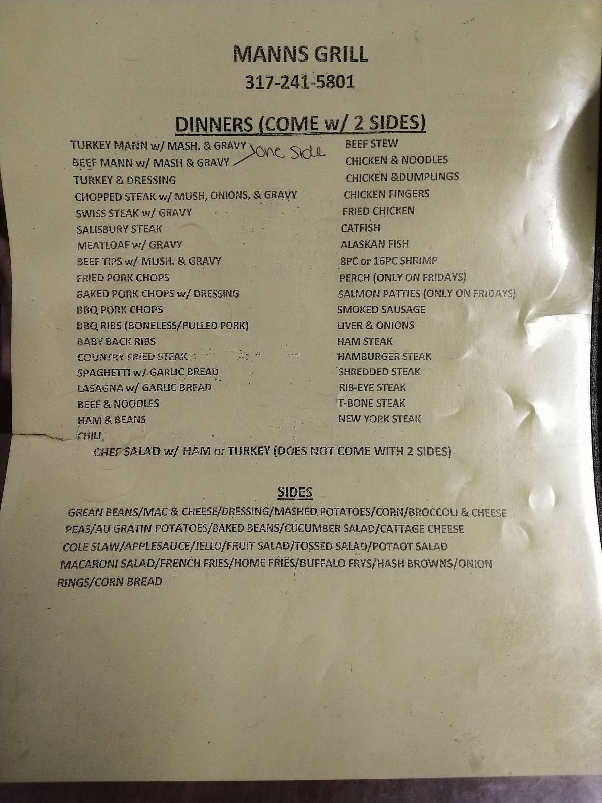 Menu at Mann's Grill restaurant, Indianapolis