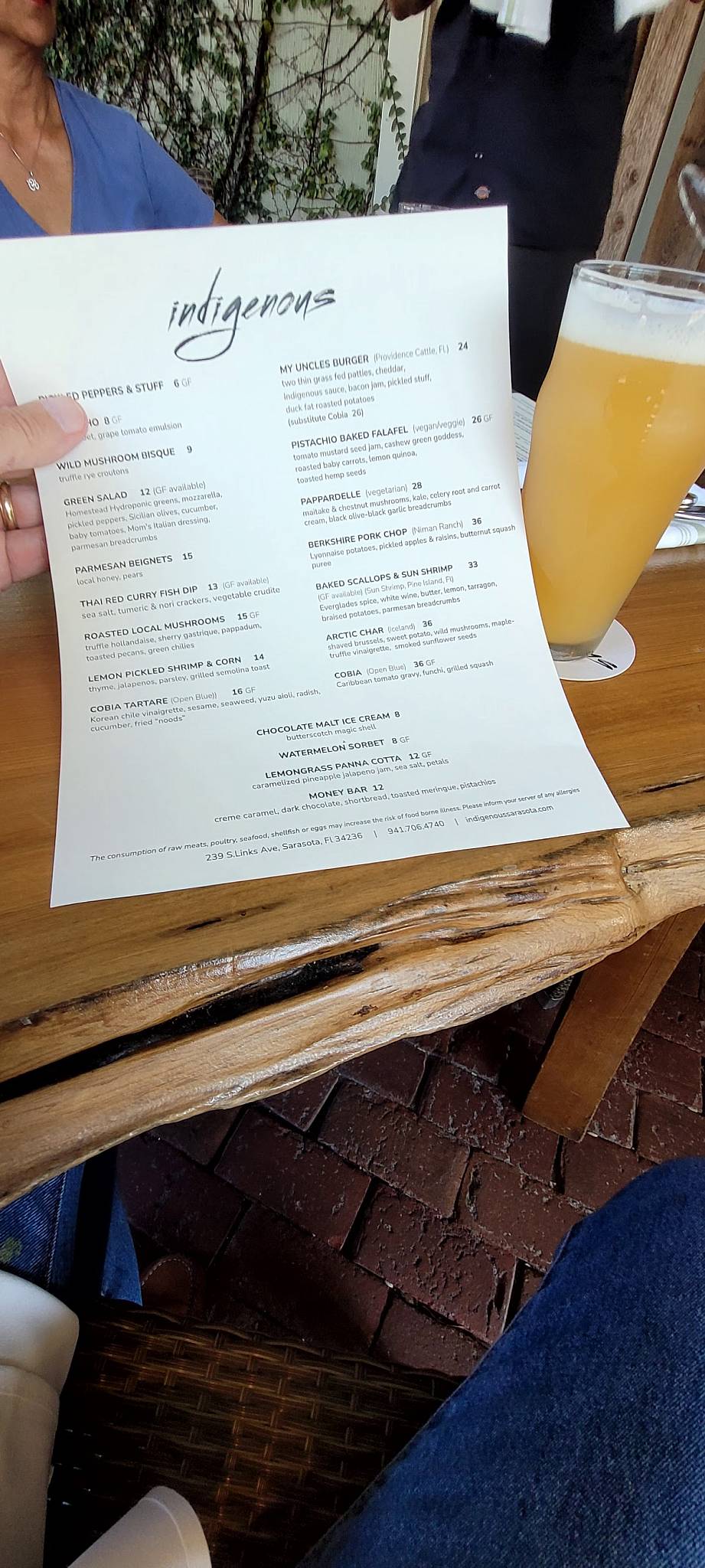 Menu at Indigenous Restaurant, Sarasota