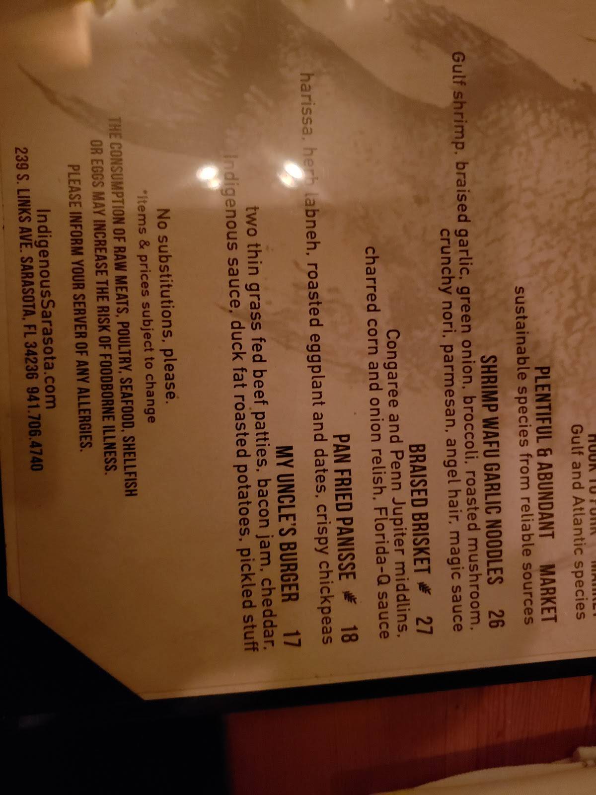 Menu at Indigenous Restaurant, Sarasota