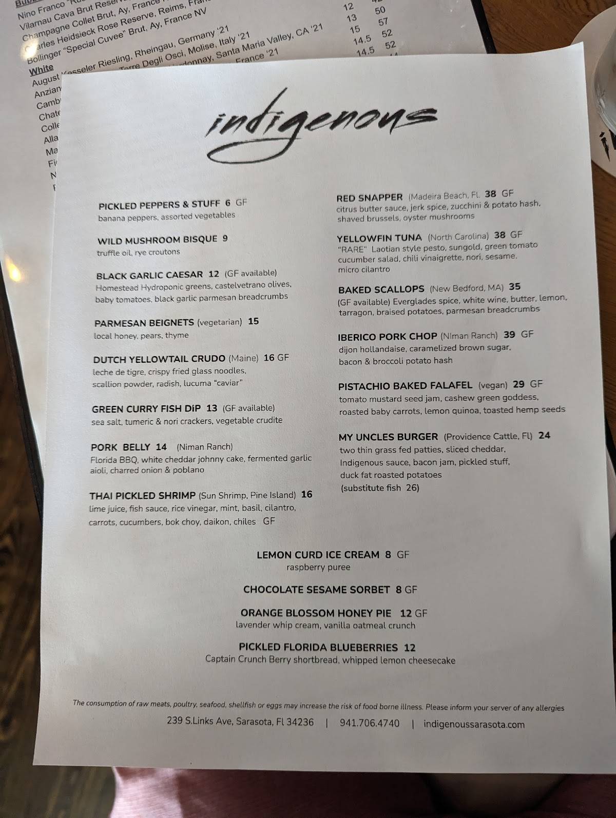 Menu at Indigenous Restaurant, Sarasota