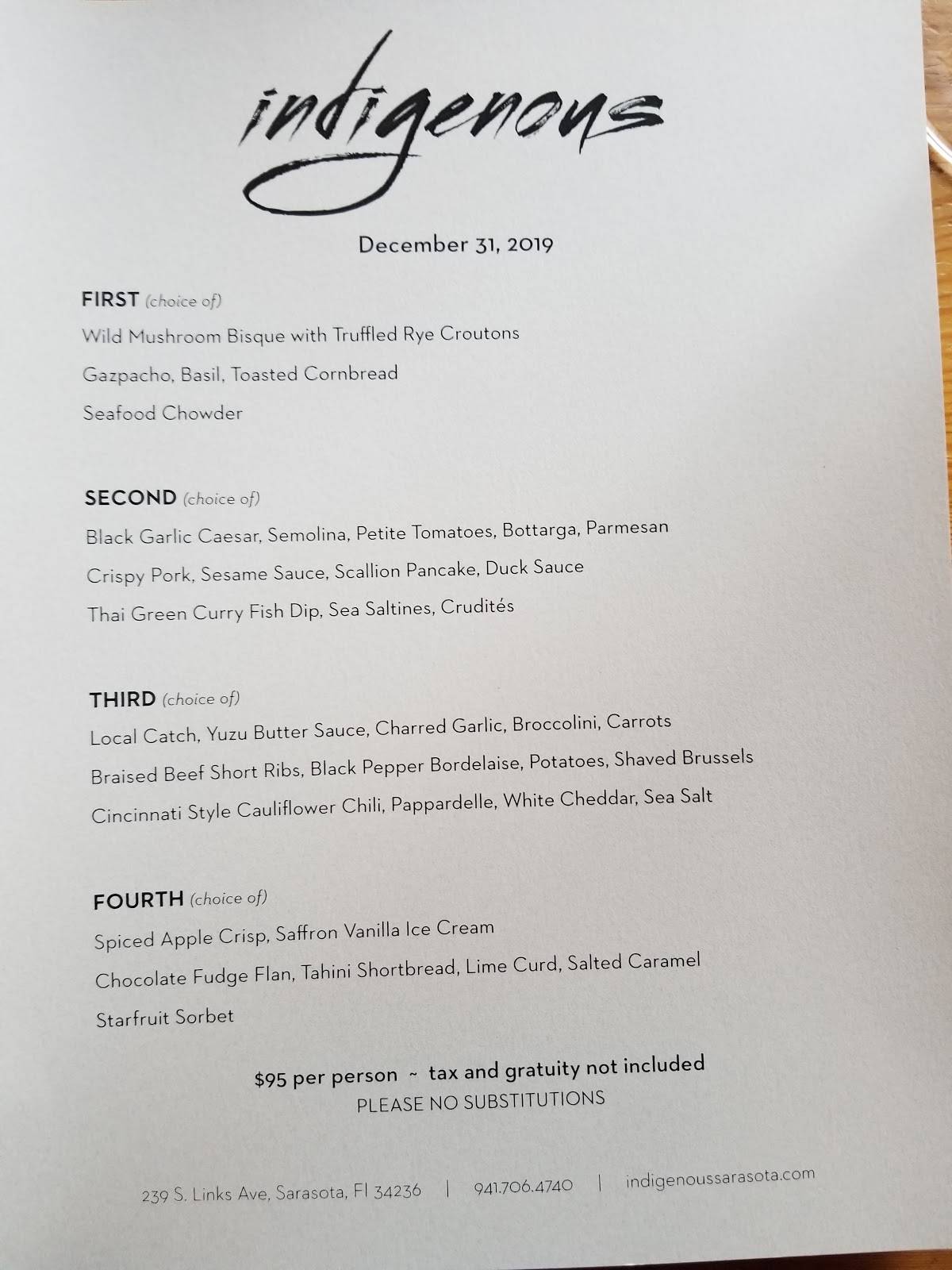 Menu at Indigenous Restaurant, Sarasota