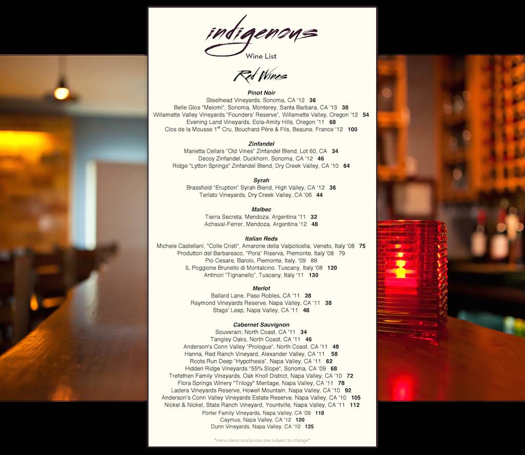 Menu at Indigenous Restaurant, Sarasota