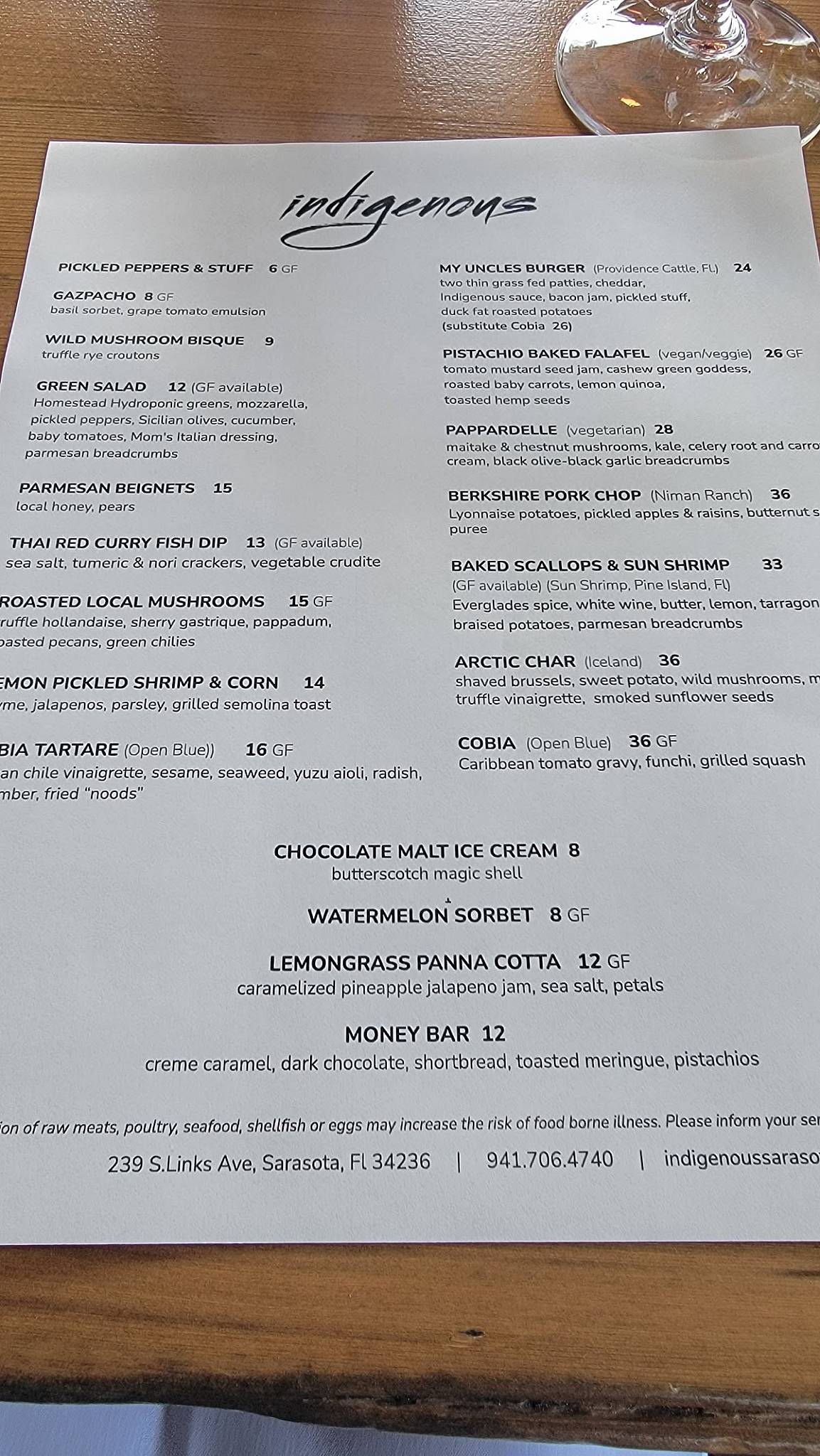 Menu at Indigenous Restaurant, Sarasota