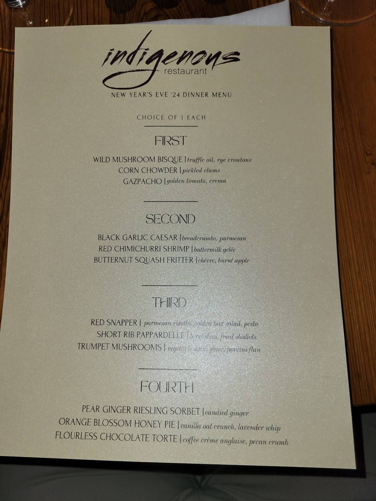 Menu at Indigenous Restaurant, Sarasota