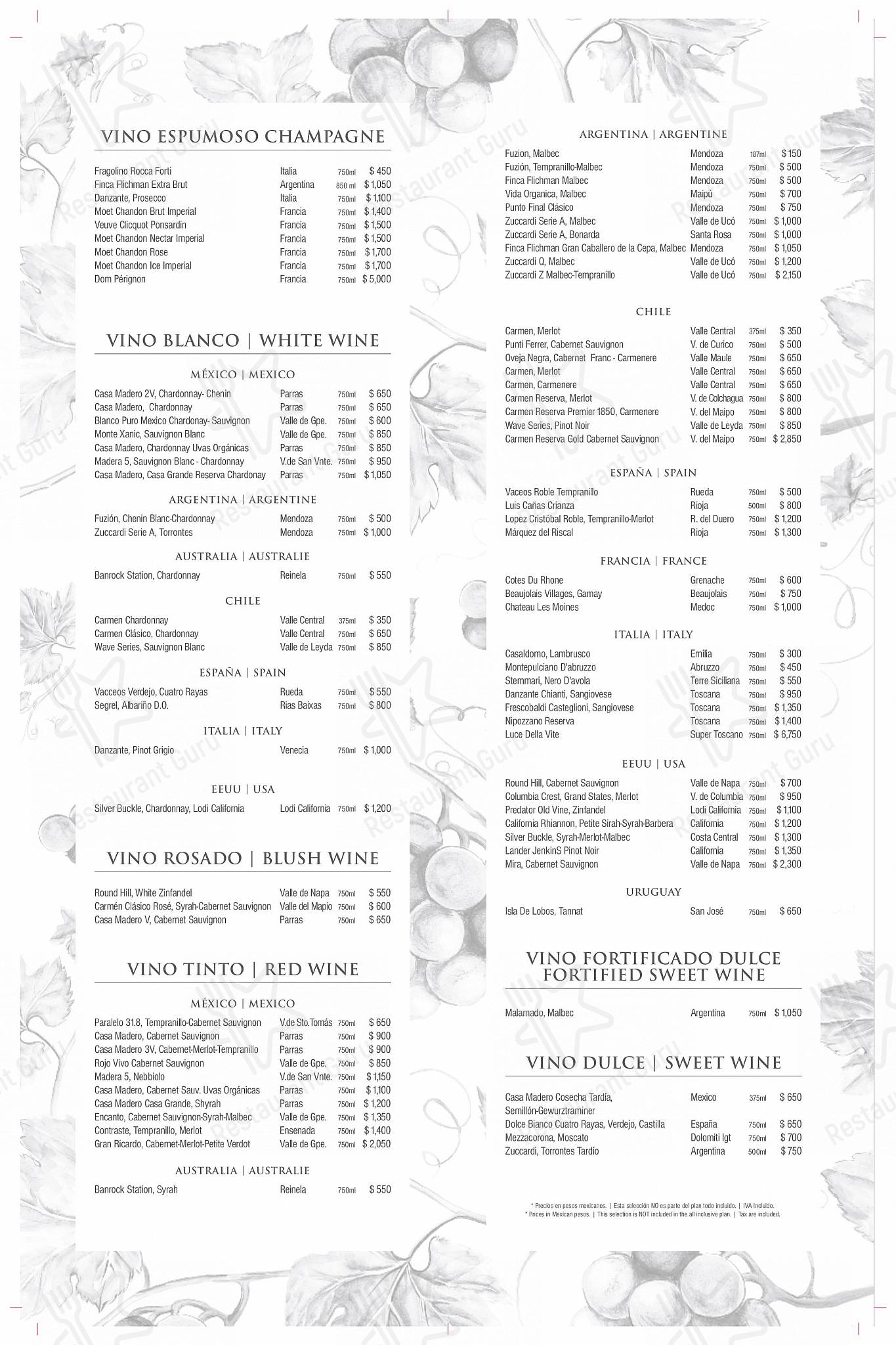 Menu at Insu Sky Bar, Nuevo Vallarta