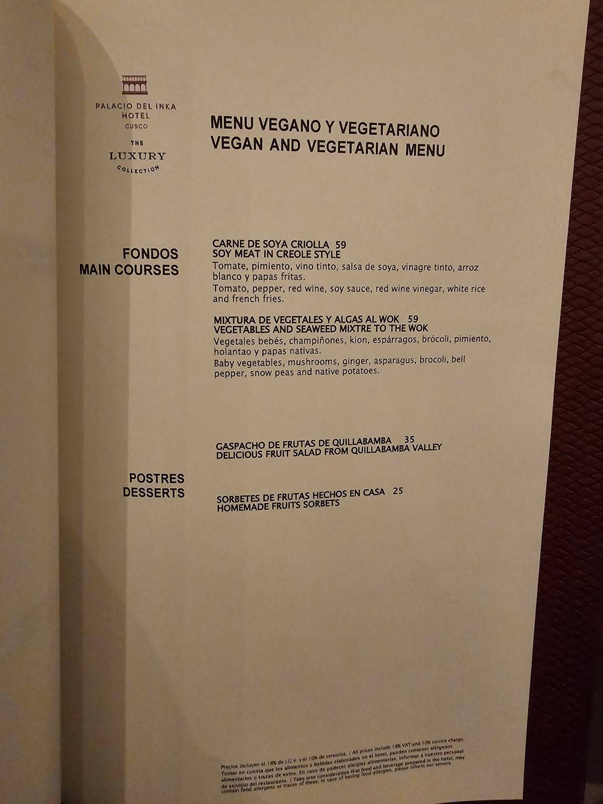 Menu at Inti Raymi restaurant, Cusco
