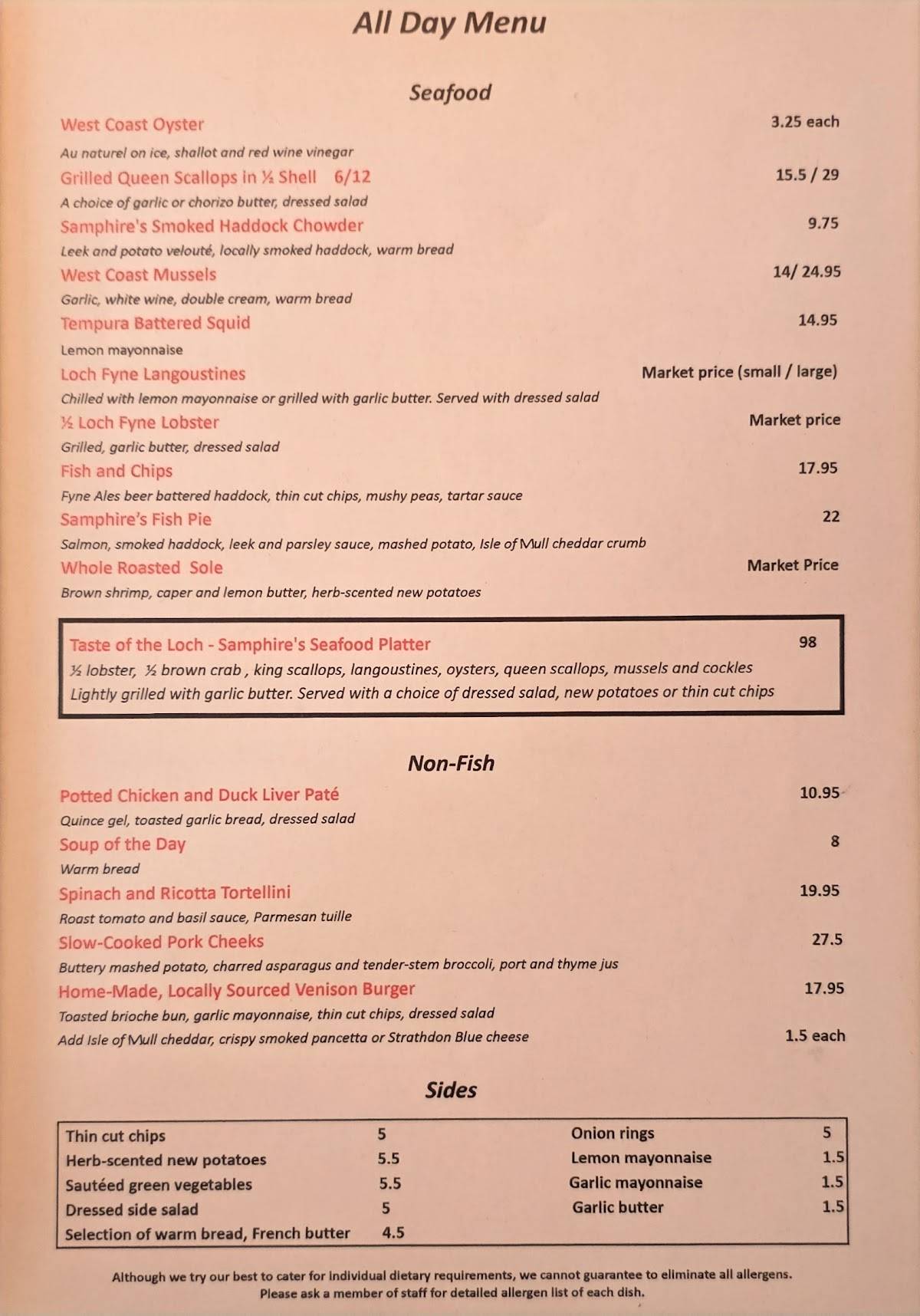 Menu at Samphire restaurant, Inveraray