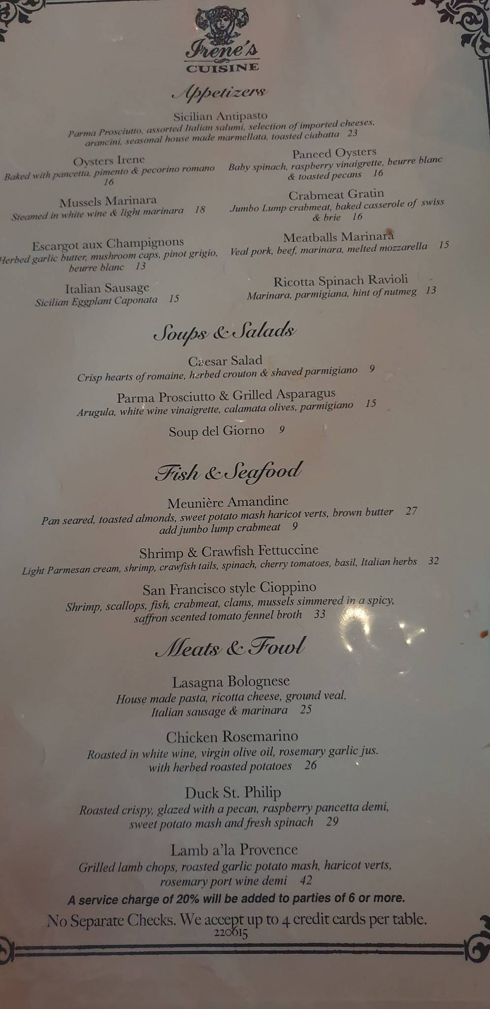 Menu at Irene's restaurant, New Orleans