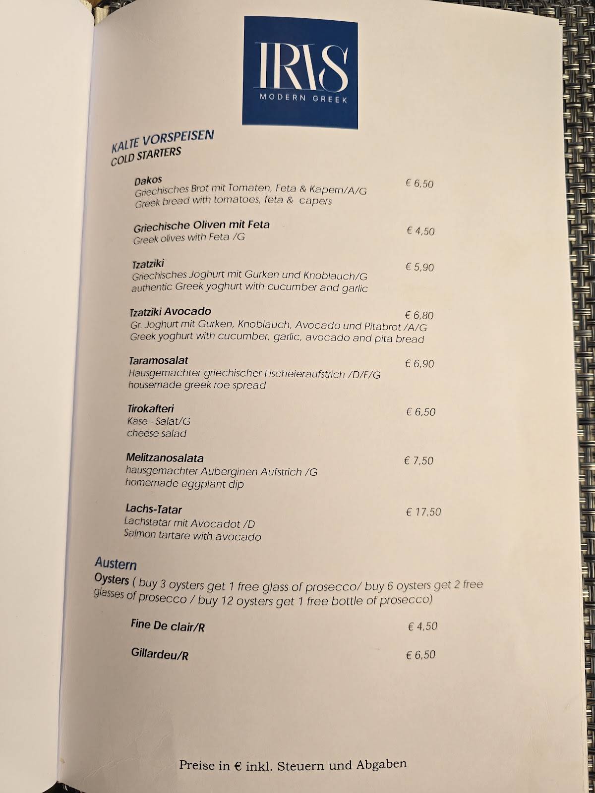 Menu at Iris Modern Greek Restaurant, Vienna