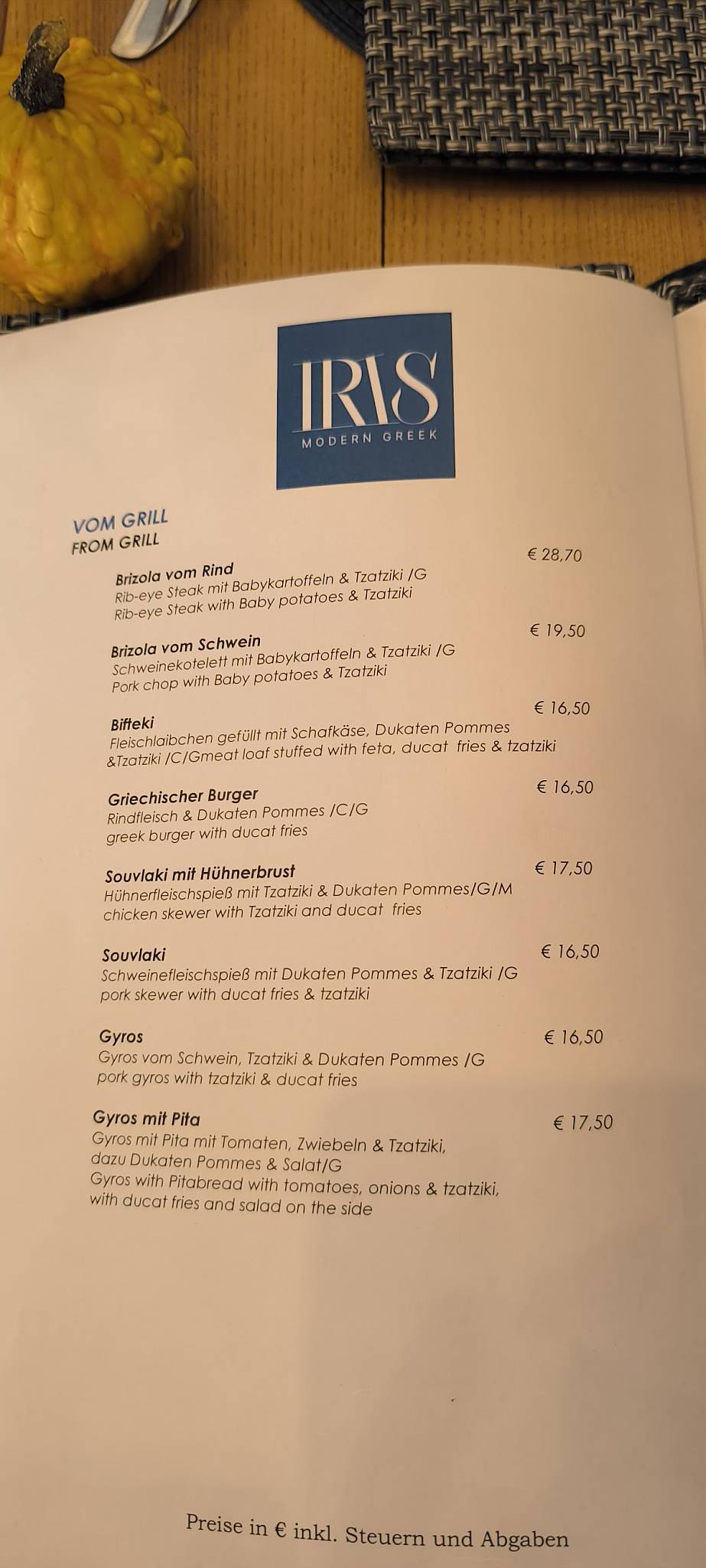 Speisekarte von Iris Modern Greek Restaurant, Wien