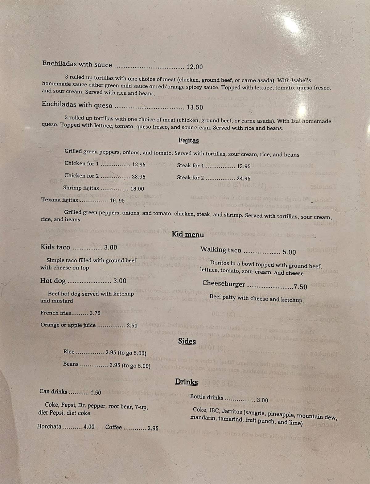 Menu at Isabel’s Tacos restaurant, Grabill