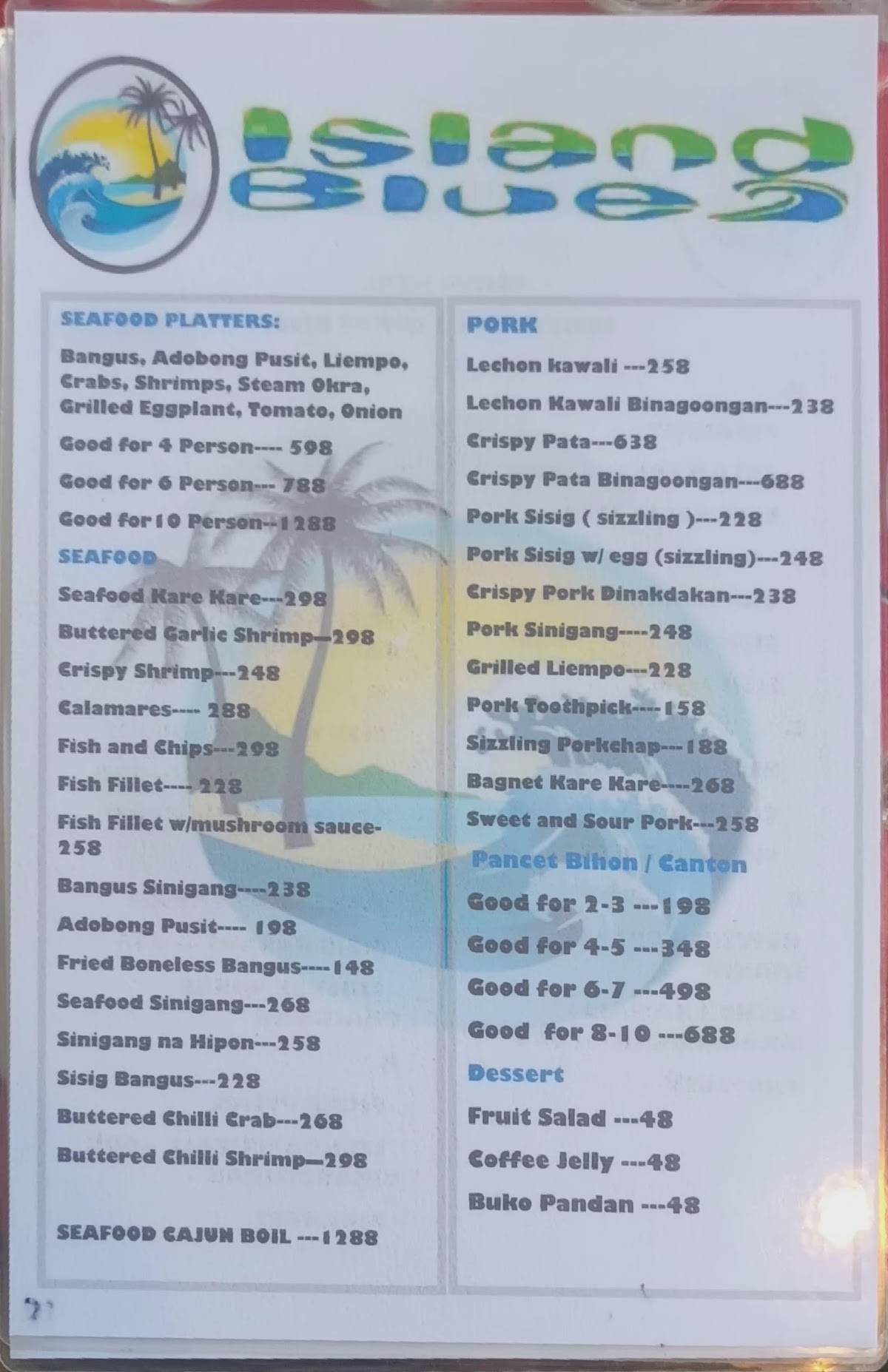 Menu at Island Blue Grill & Restaurant, Alaminos