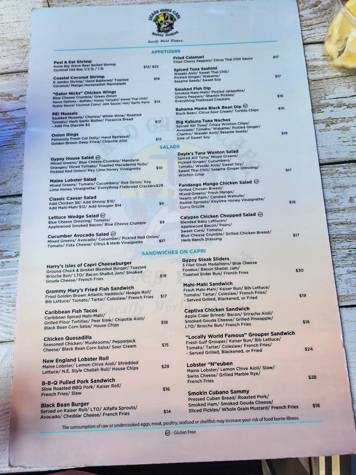 Menu at Island Gypsy Cafe & Marina Bar, Marco Island, 292 Capri Blvd