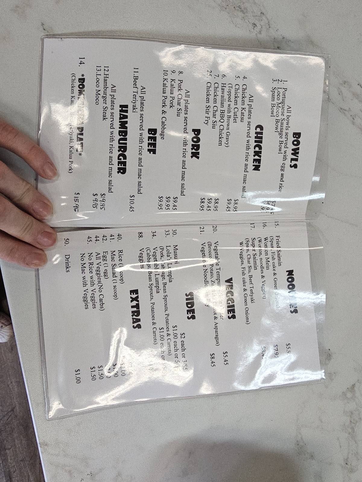 Menu at Island Hut restaurant, Bremerton