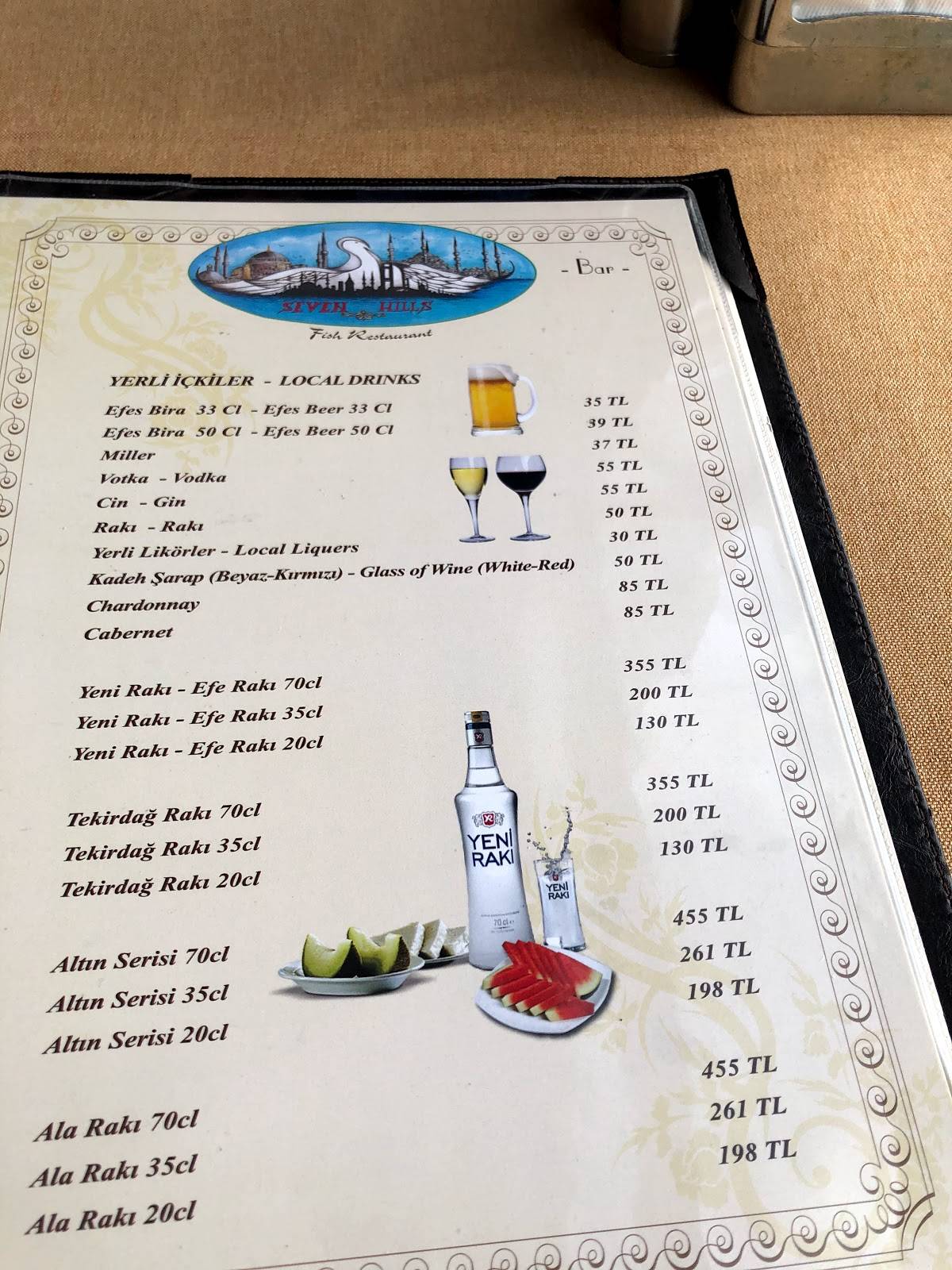 Menu at Seven Hills Restaurant, Istanbul